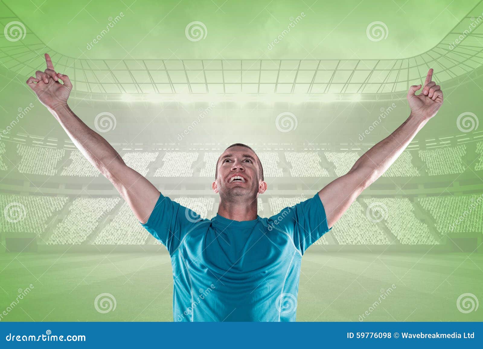 Composite Image of Happy Rugby Player with Arms Raised Stock Photo ...