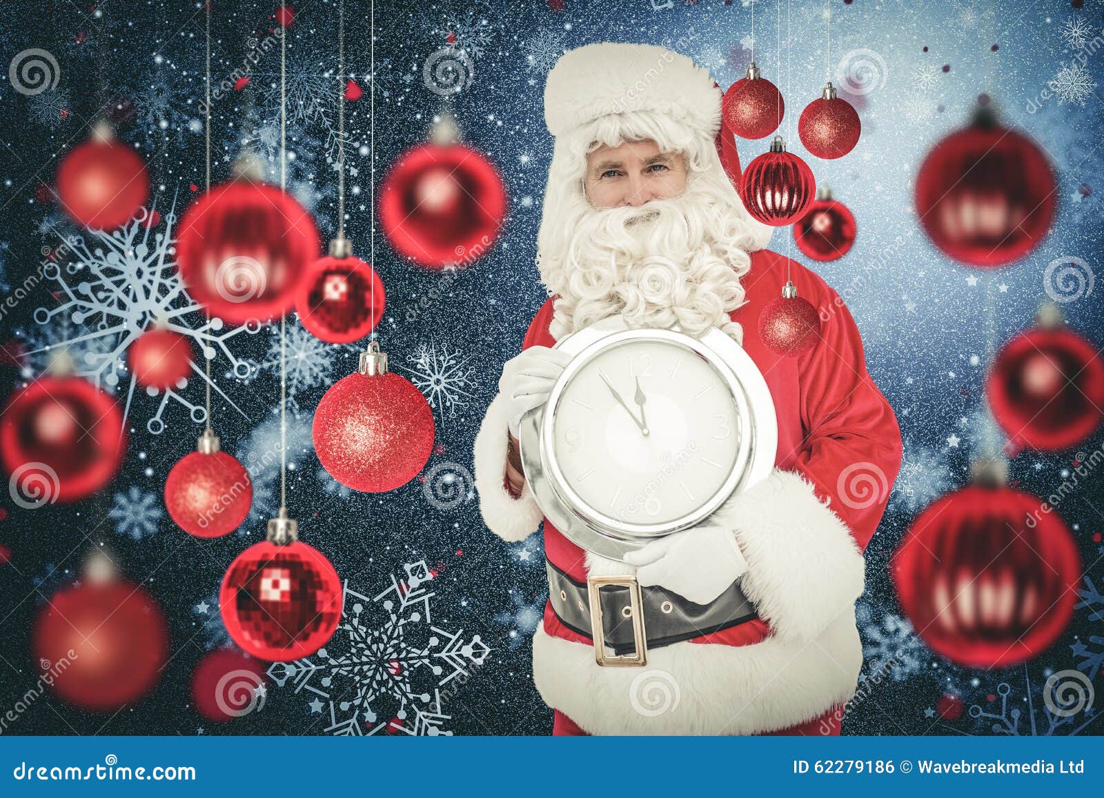 Composite Image of Happy Santa Holding a Clock Stock Photo - Image of ...
