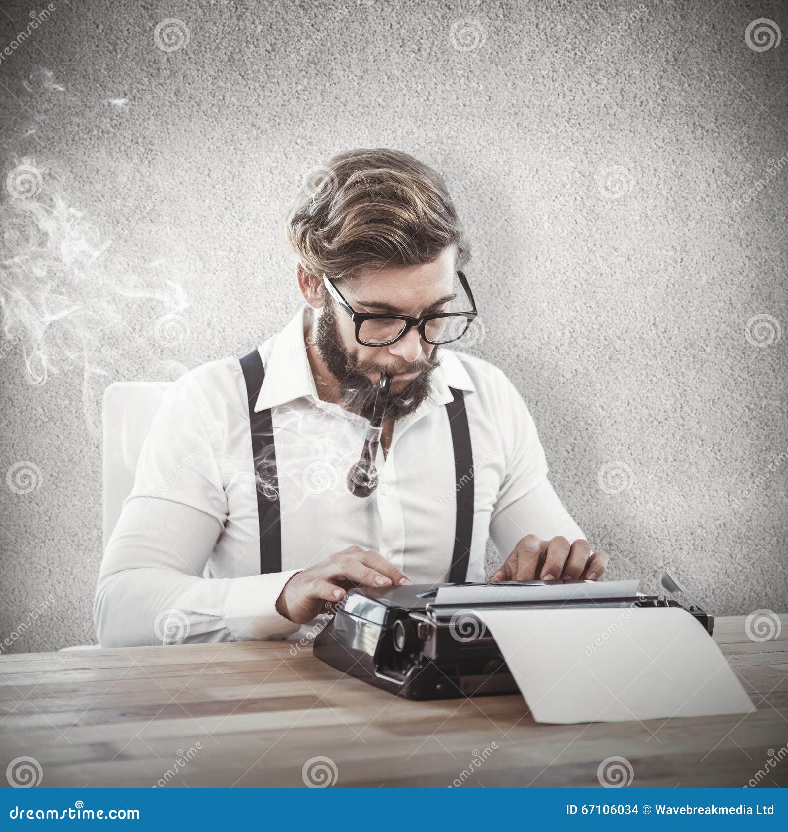 Composite Image of Hipster Smoking Pipe while Working on Typewriter ...