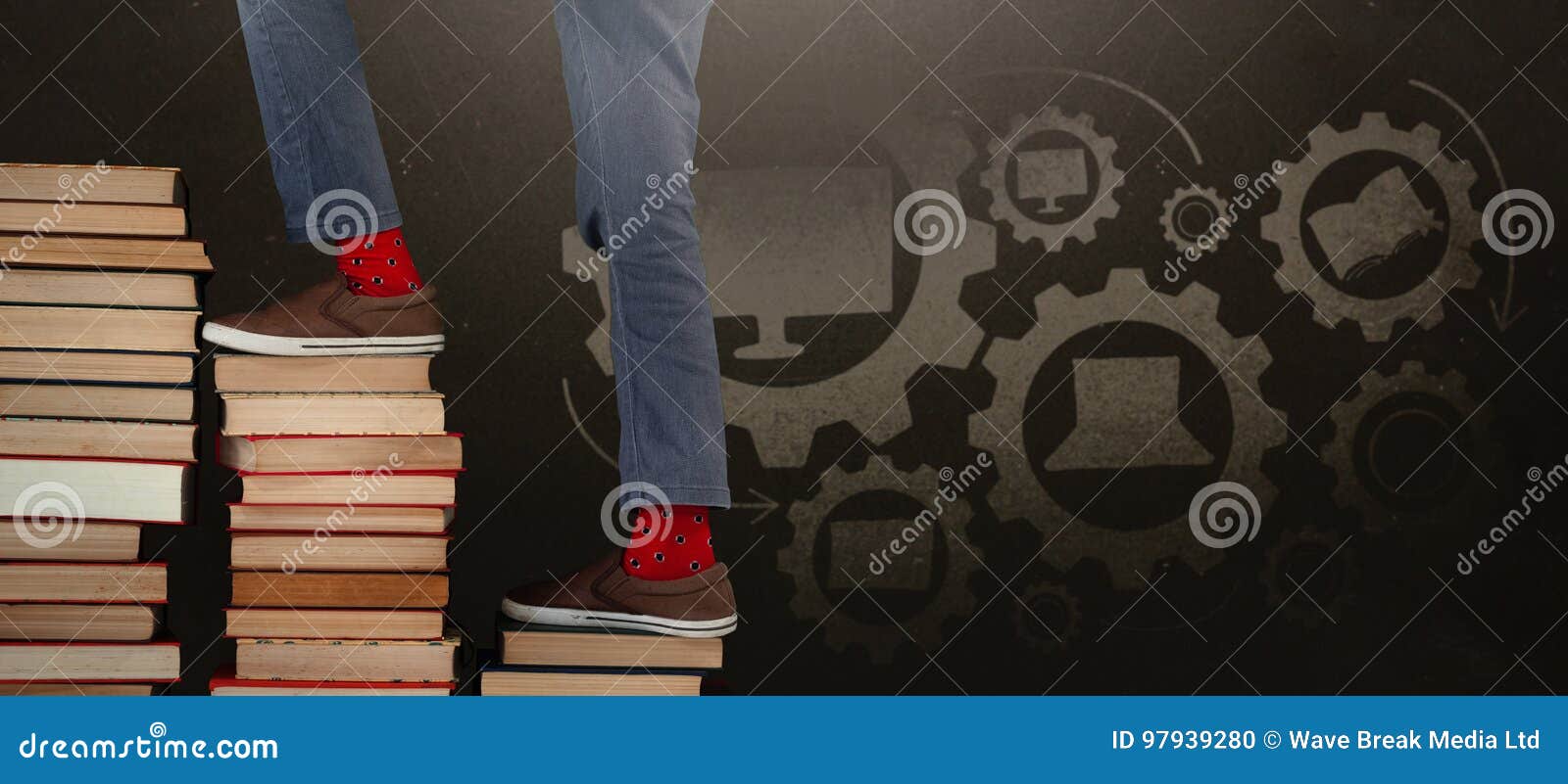 Composite Image of Low Section of Boy Climbing Stack of Books Stock ...