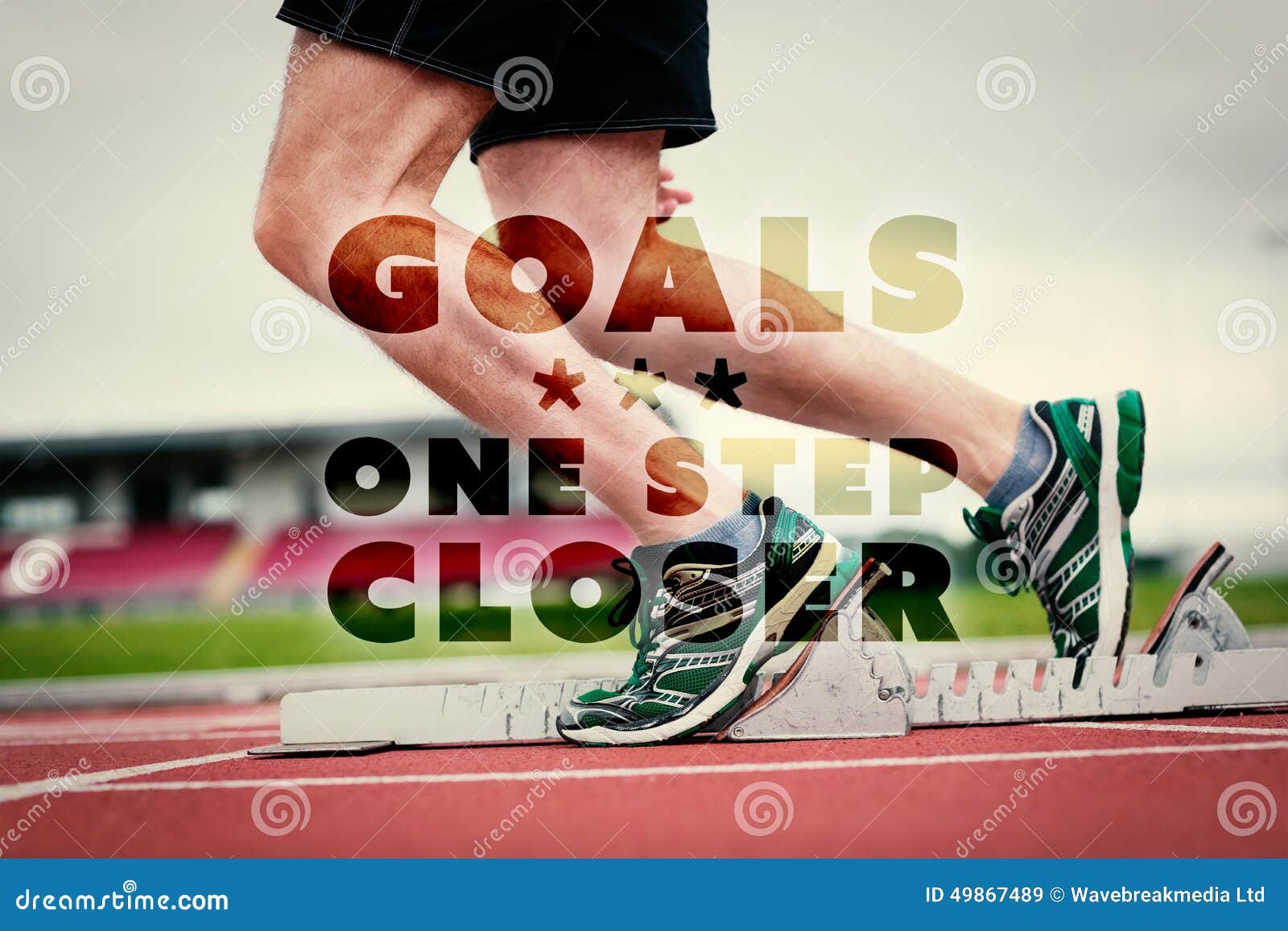 Composite Image of Low Section of a Man Ready To Race on Running Track ...