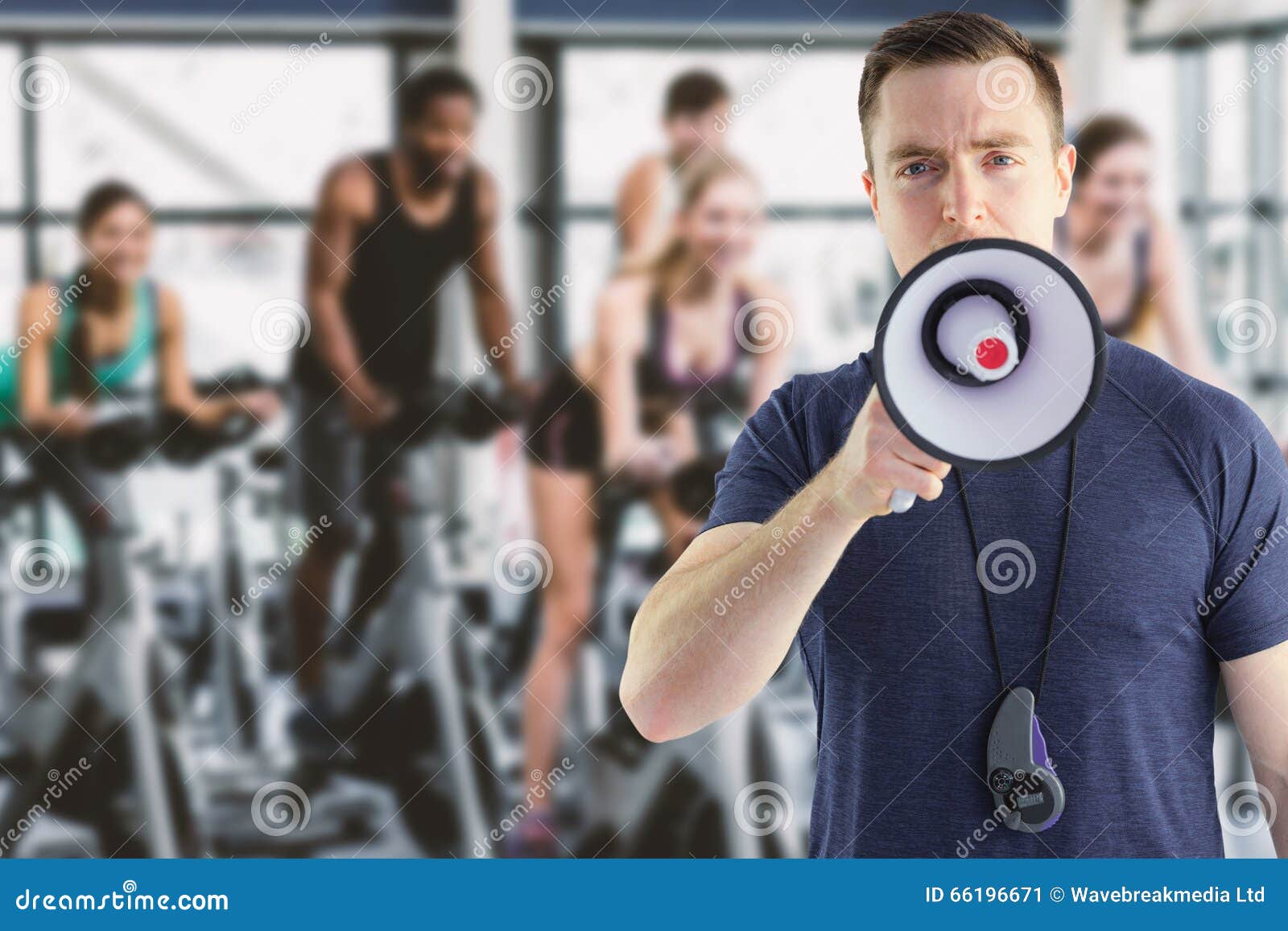 Composite Image of Male Trainer Yelling through the Megaphone Stock ...