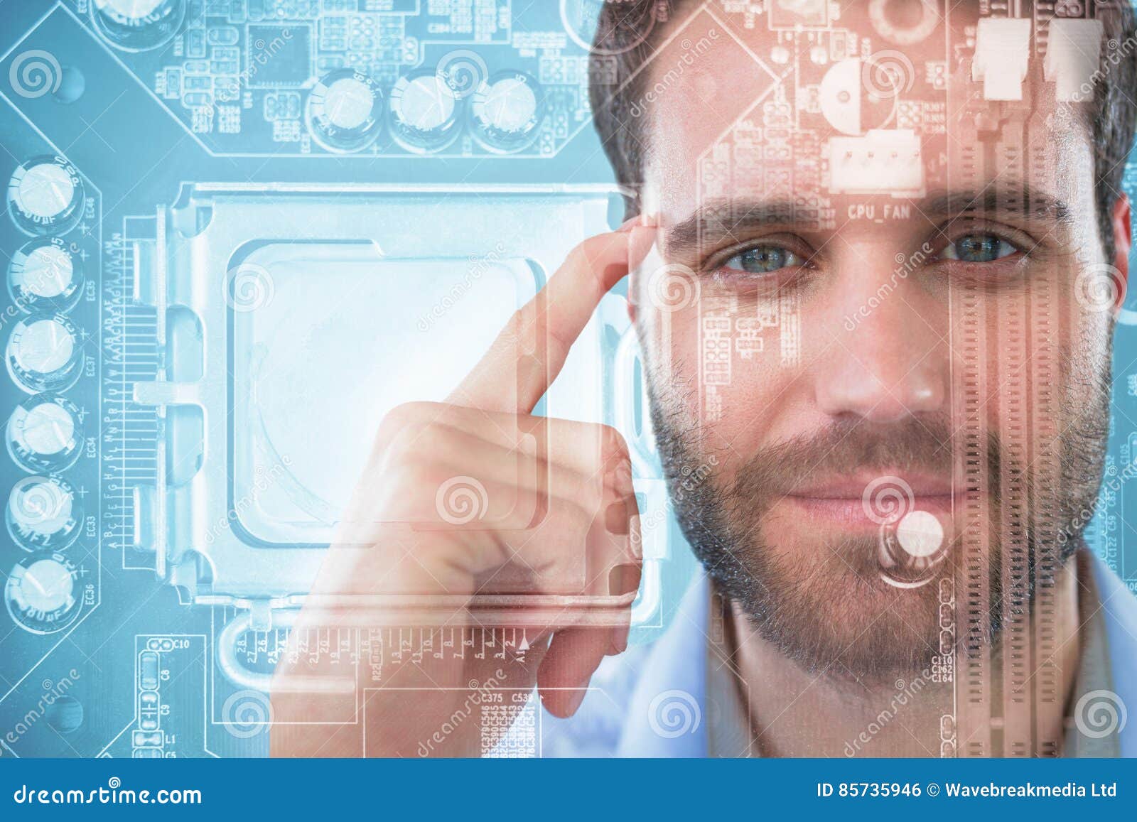 Composite Image of Man with Finger Pointing To Head Stock Photo - Image ...