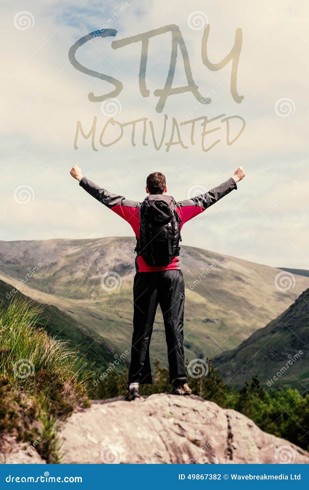Composite Image of Man Standing at Hill Top Cheering Stock Photo ...