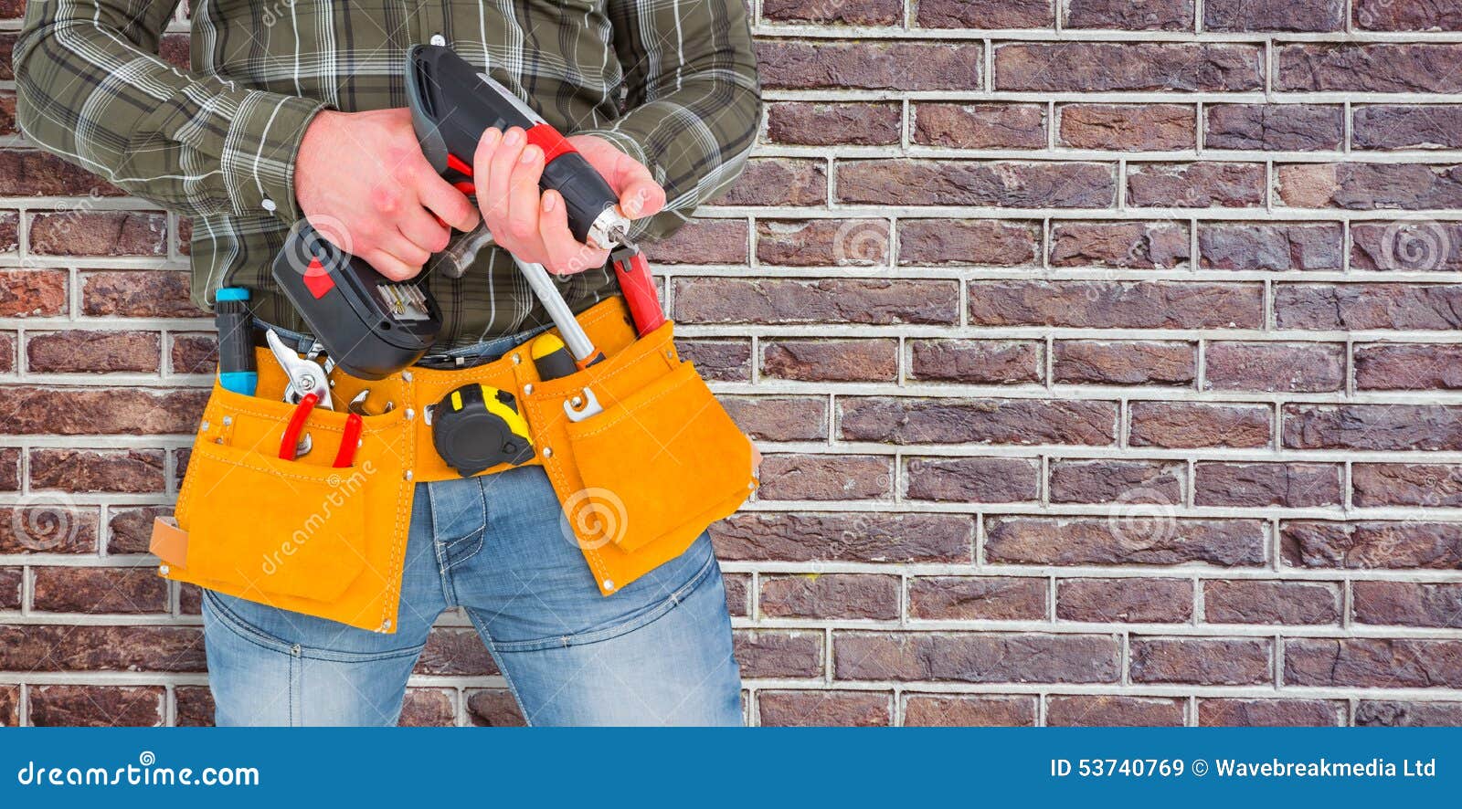 Composite Image of Manual Worker Holding Gloves and Hammer Power Drill ...