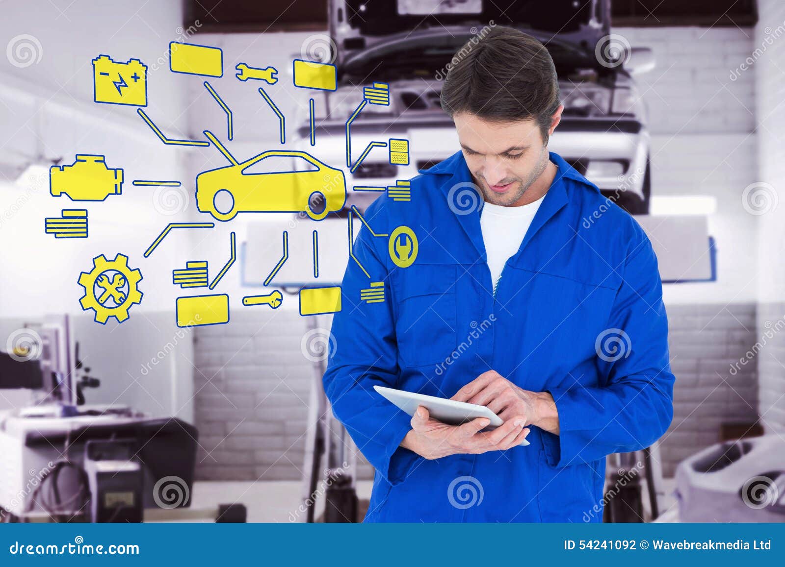 Composite Image of Mechanic Using Digital Tablet Over White Background ...