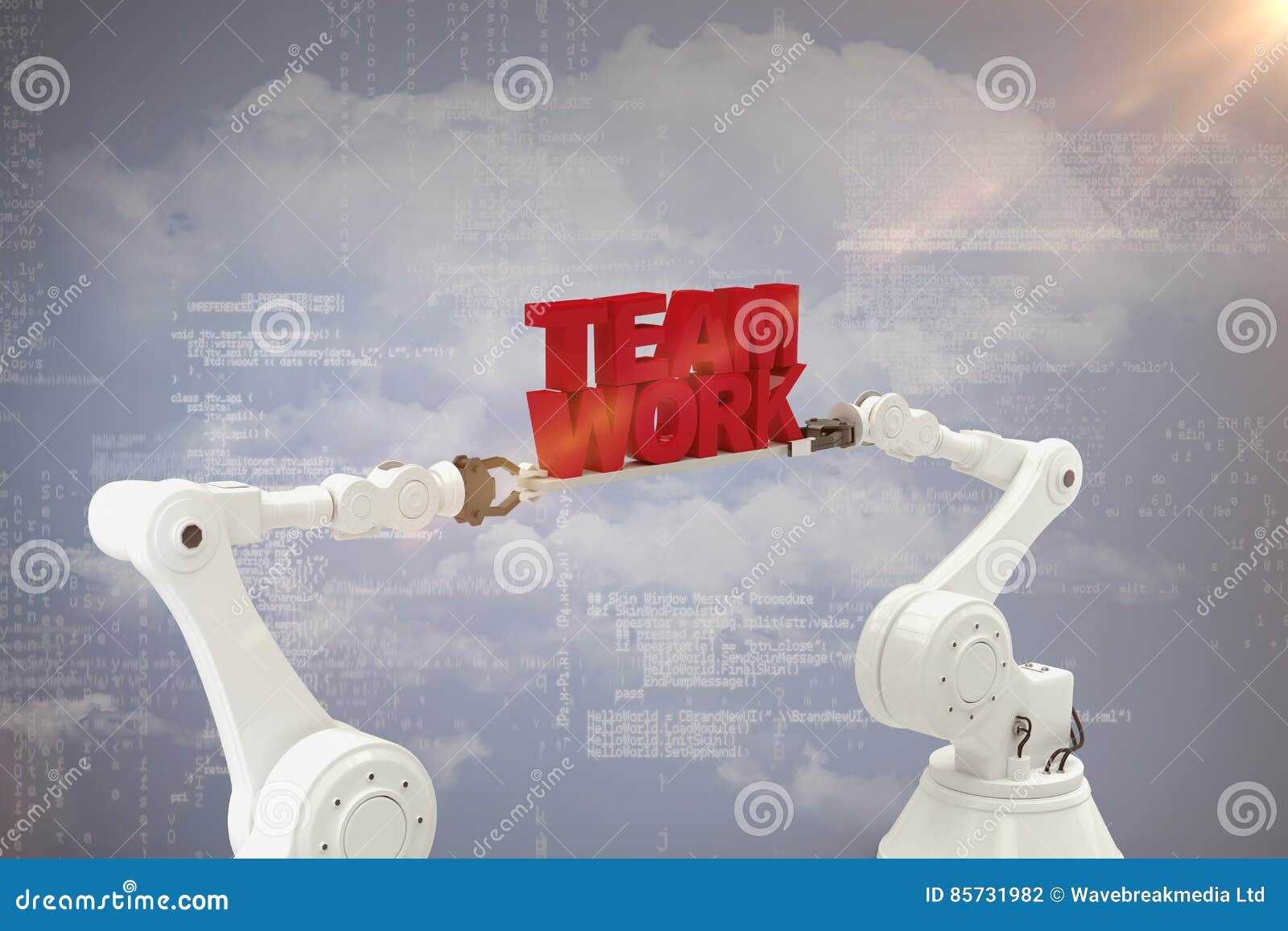 Composite Image of Mechanical Hands Holding Red Team Work Message Over ...