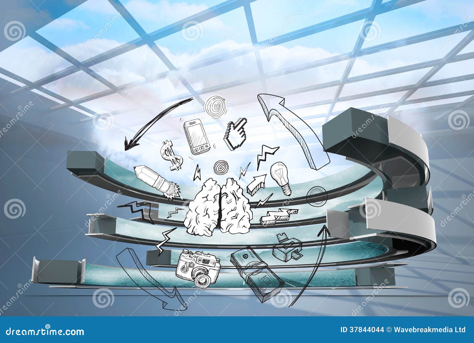Composite Image of Media Brainstorm in a Curved Structure Stock ...