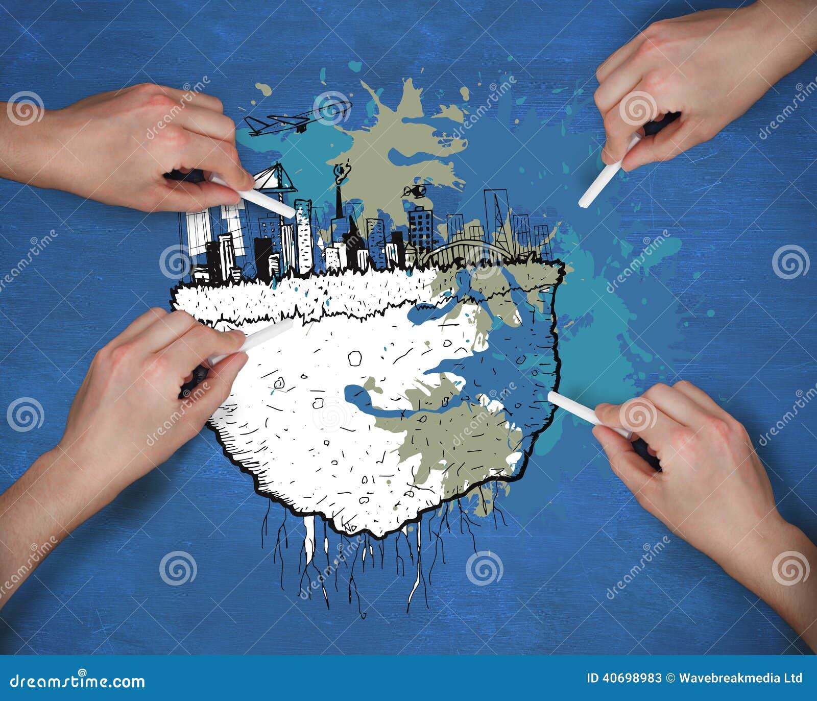Composite Image of Multiple Hands Drawing Cityscape with Chalk Stock ...