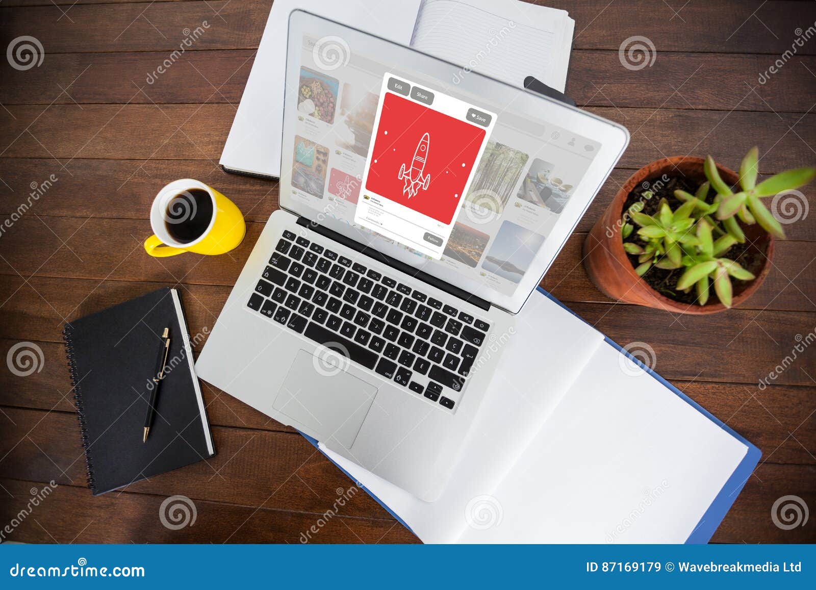 Composite Image of Overhead View of Office Desk with Laptop and ...