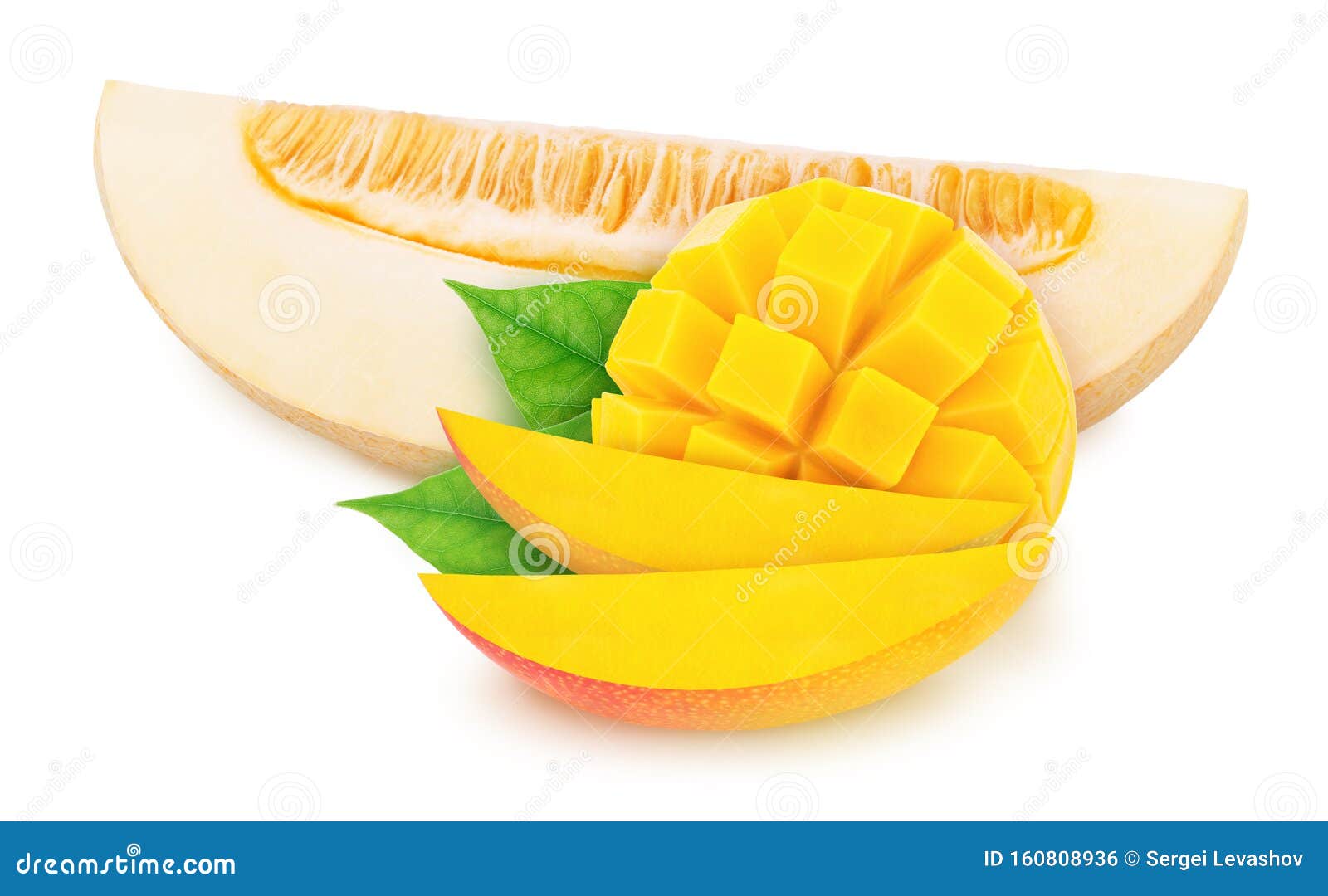 Composite Image of Piece of Melon and Curved Mango, Isolated on a White ...