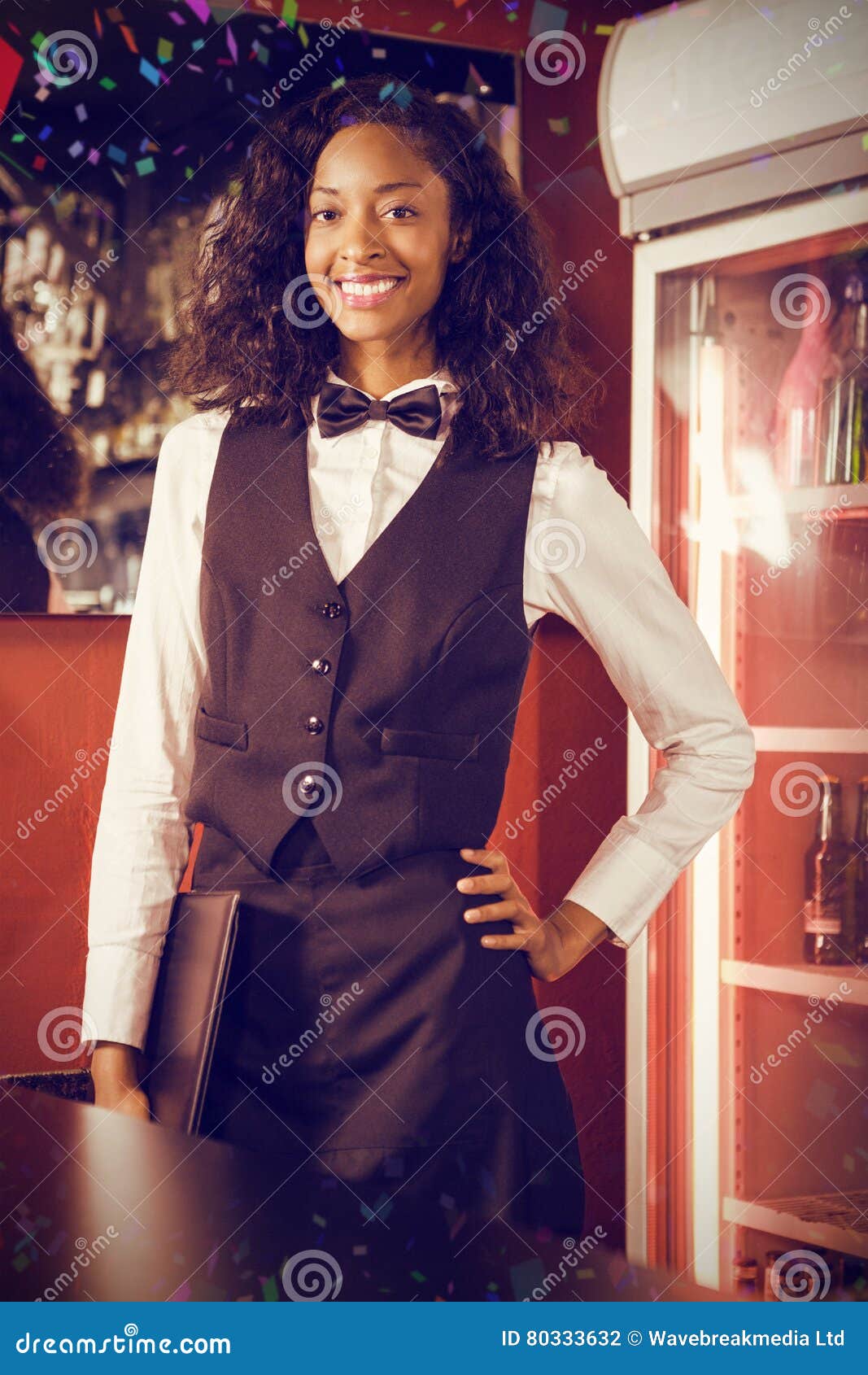 Composite Image of Portrait of Bartender Standing with Menu Card Stock ...