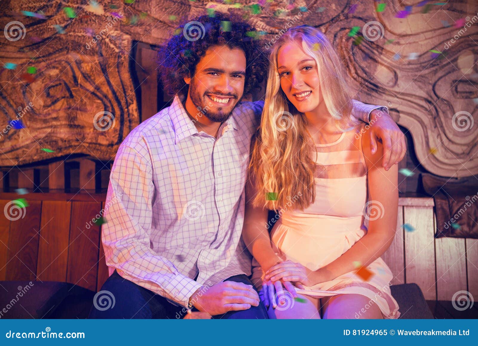 Composite Image Of Portrait Of Couple Sitting Together In Bar Stock