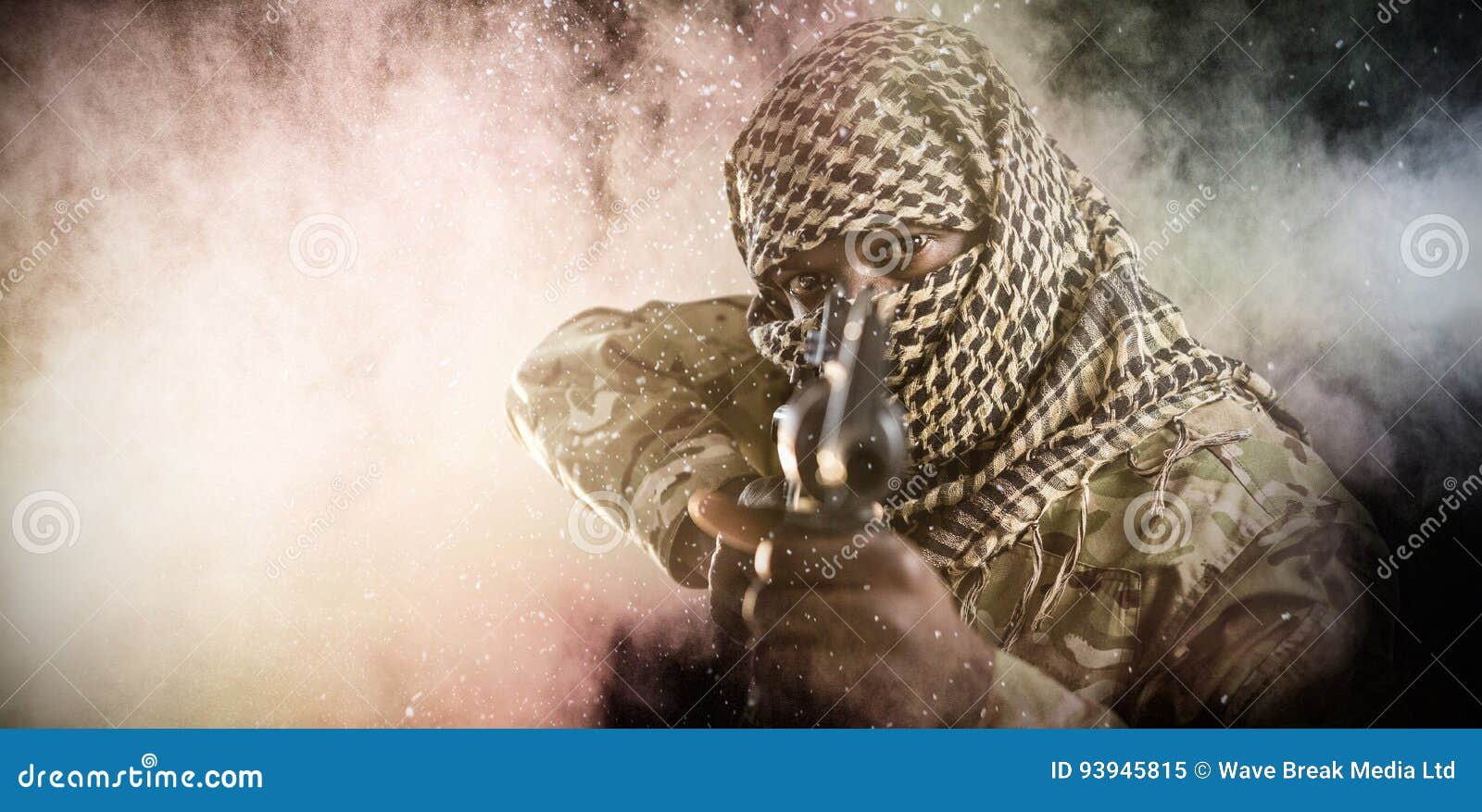 Composite Image of Portrait of Face Covered Soldier Aiming with Rifle ...