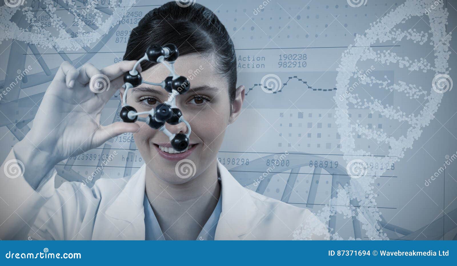 Composite Image of Portrait of Female Scientist Holding Molecular Model ...