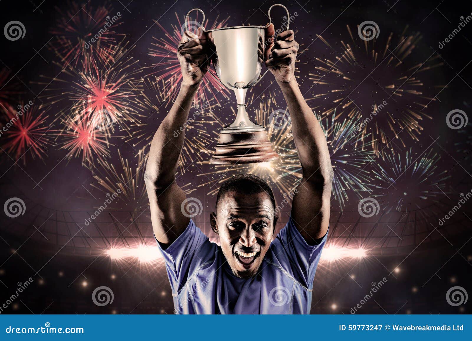 Composite Image of Portrait of Happy Athlete Cheering while Holding ...