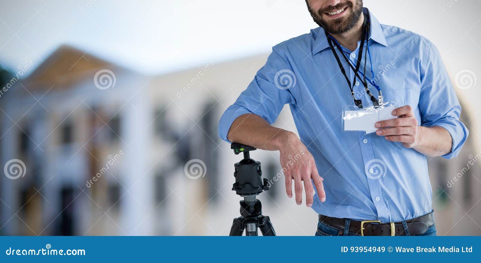 Composite Image of Portrait of Happy Man Holding Identity Card Stock ...