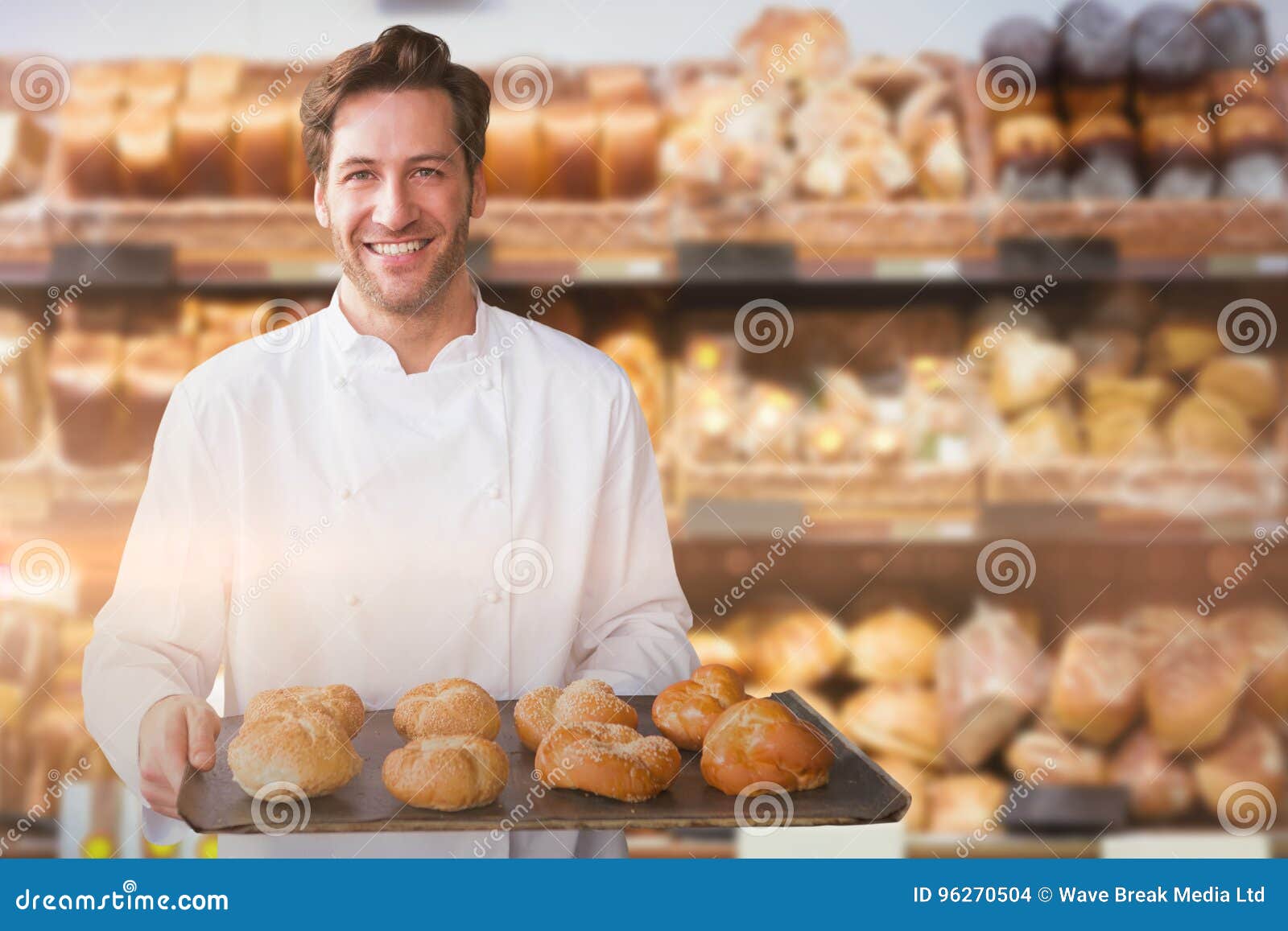 Composite Image of Portrait of Male Chef Holding Tray with Bread Stock ...