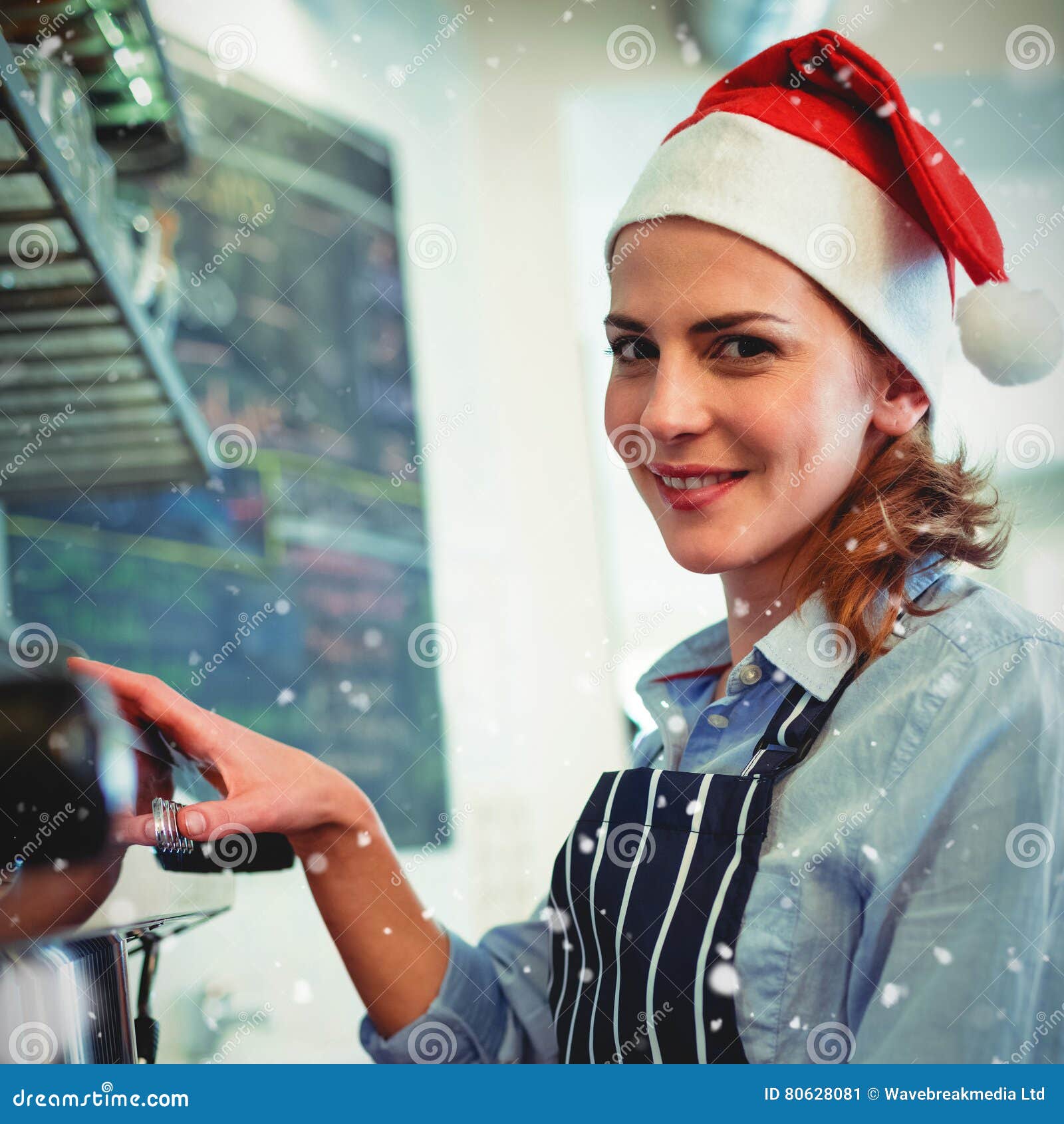 Composite Image of Portrait of Waitress Using Coffee Maker at Cafeteria ...