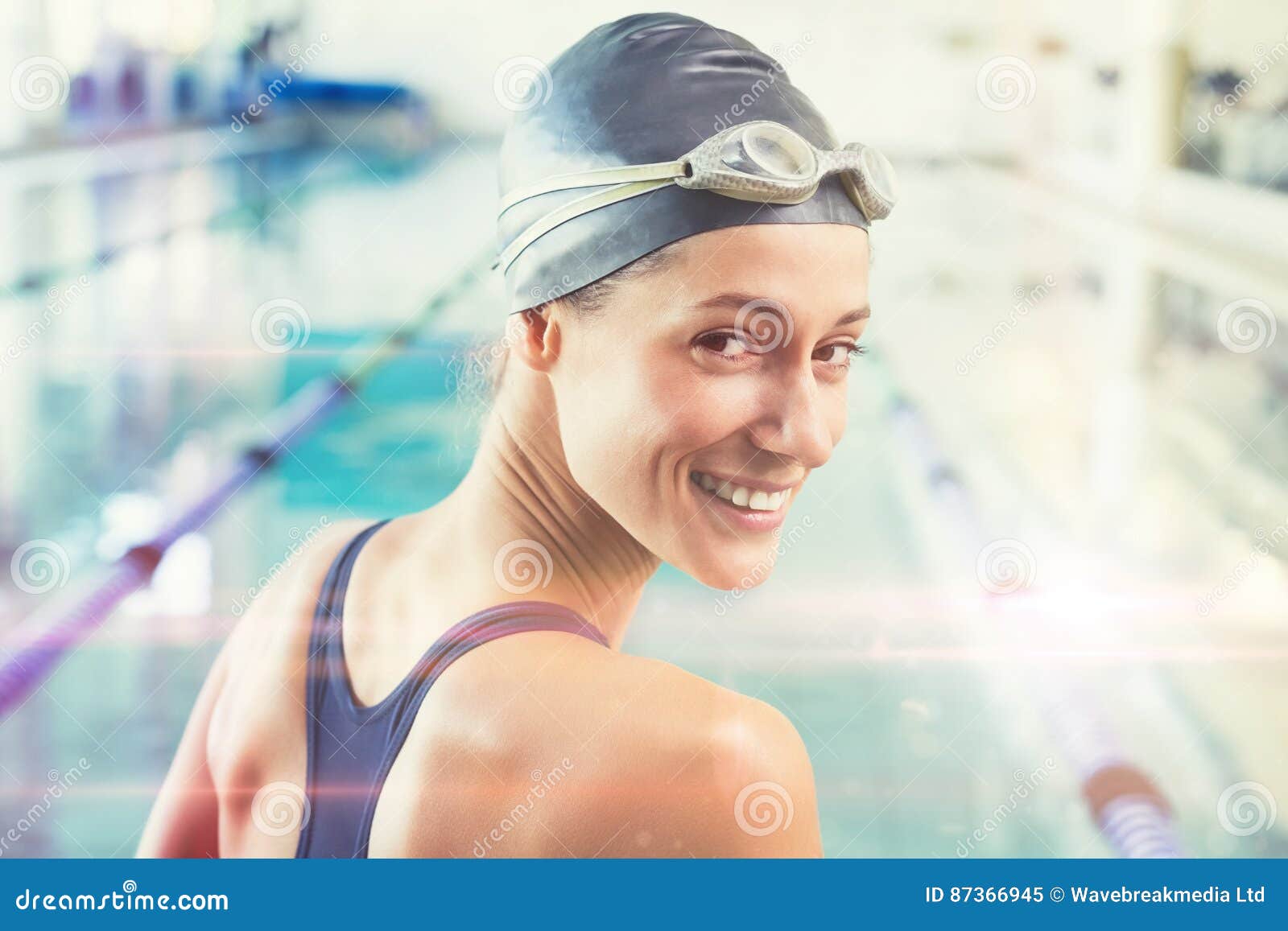 Composite Image of Pretty Swimmer by the Pool Smiling at Camera Stock ...