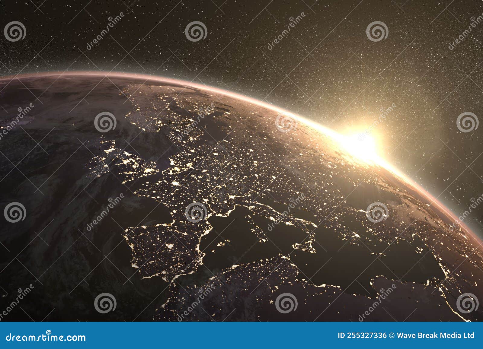 Composite Image of Rising Sun Behind Planet Earth Stock Illustration ...