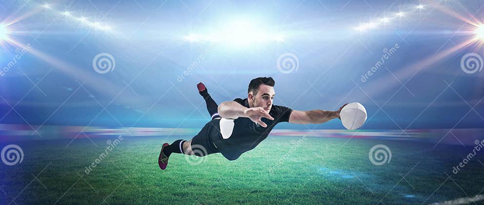 Composite Image of Rugby Player Scoring a Try Stock Image - Image of ...