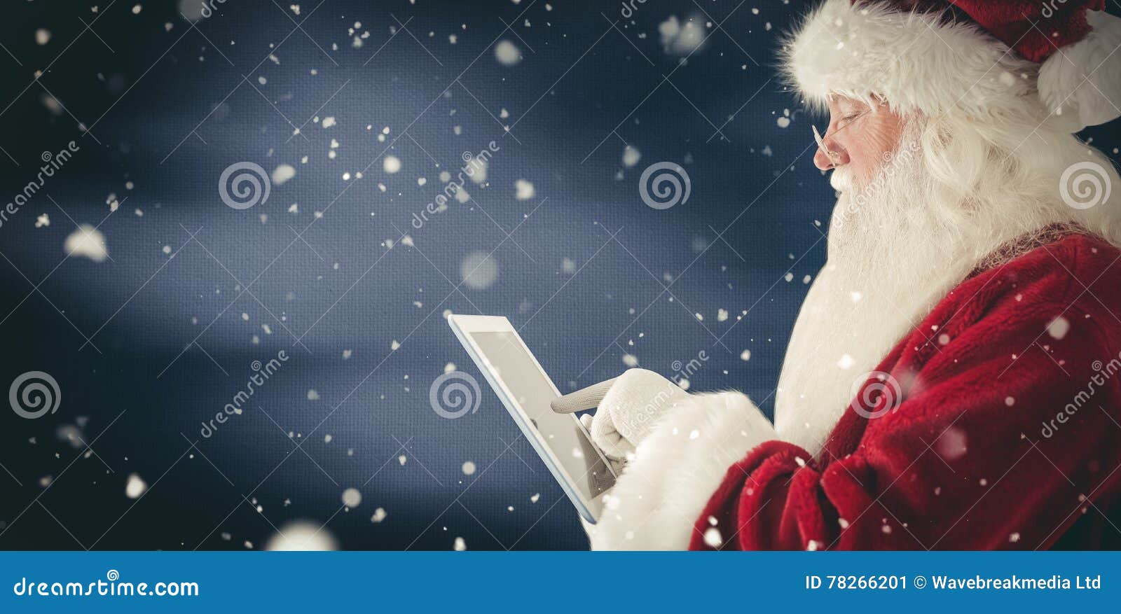 Composite Image of Santa Uses a Tablet Pc Stock Image - Image of clouds ...