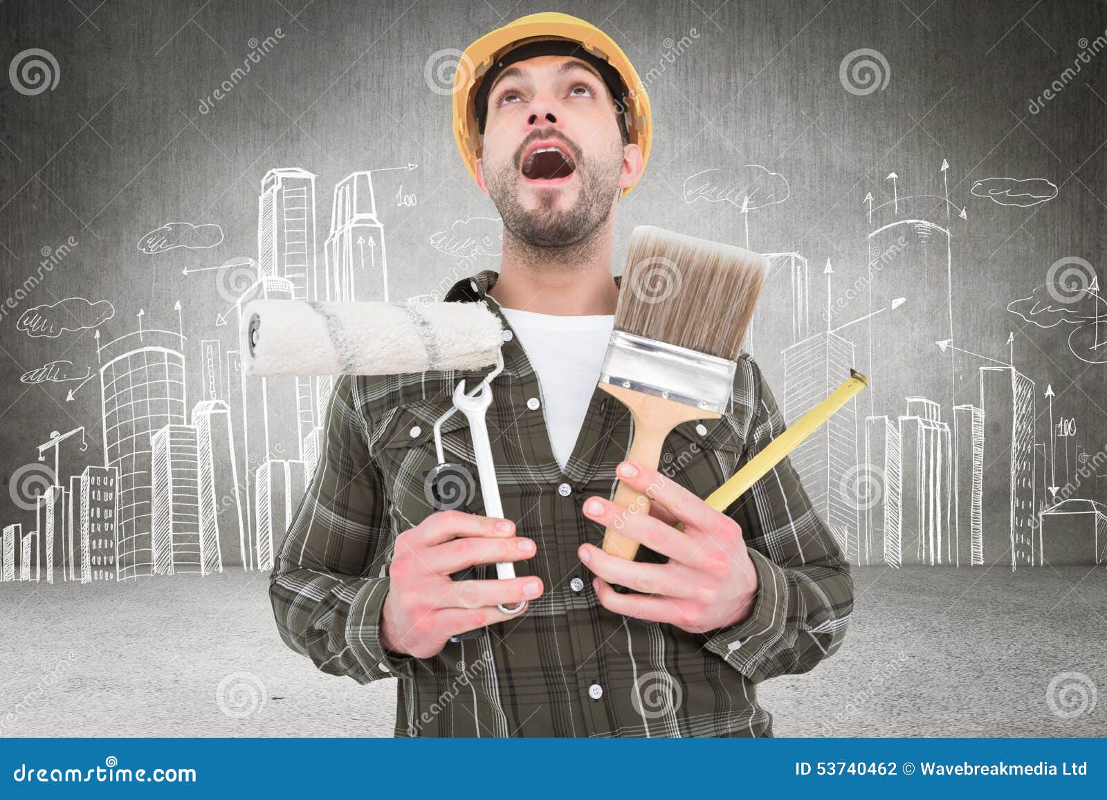 Composite Image of Screaming Manual Worker Holding Various Tools Stock ...