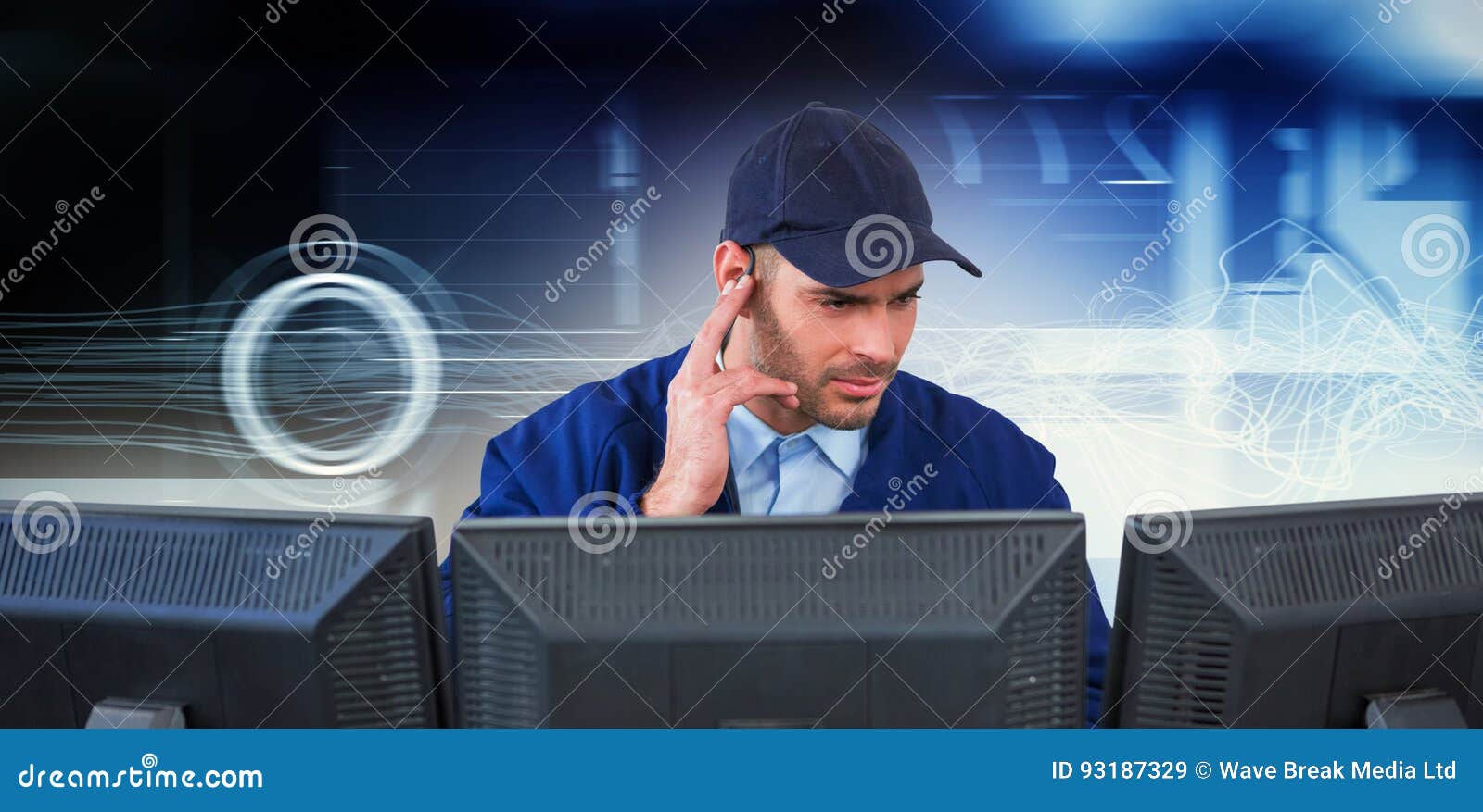 Composite Image of Security Officer Listening To Earpiece while Using ...