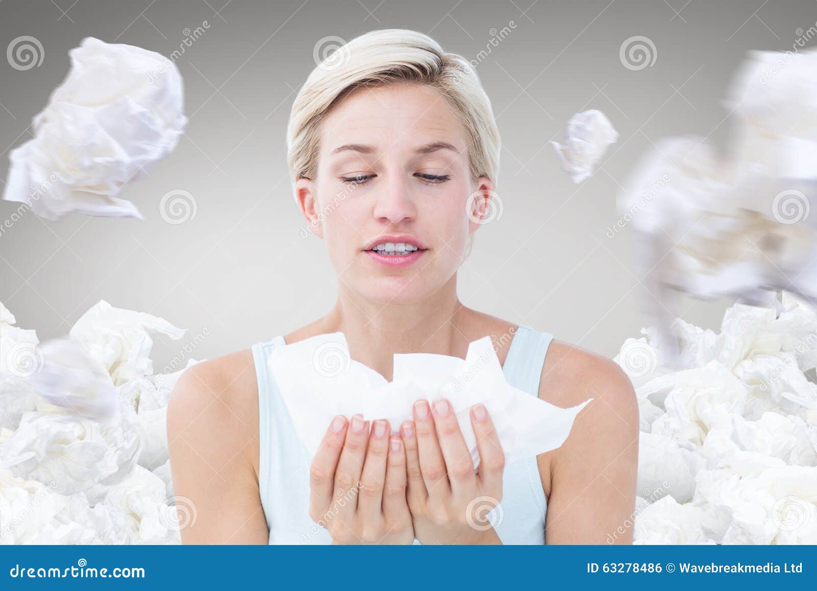Composite Image of Sick Woman Holding Tissues Stock Photo - Image of ...