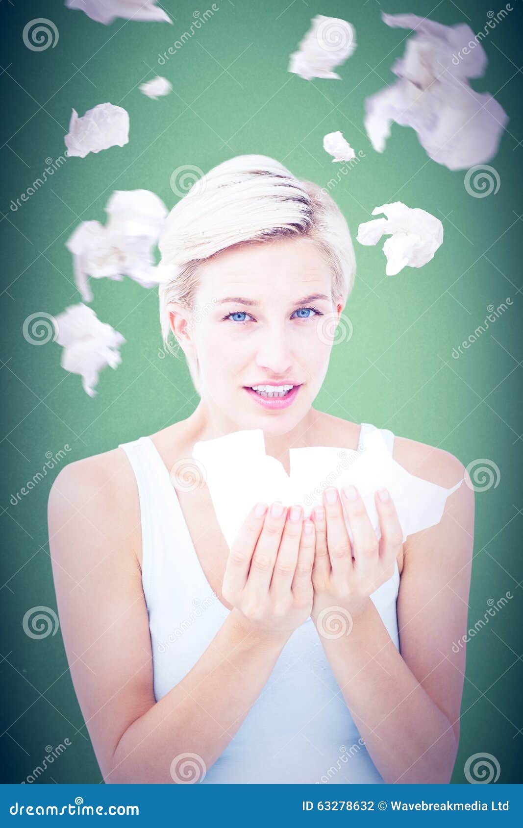 Composite Image of Sick Woman Holding Tissues Looking at Camera Stock ...