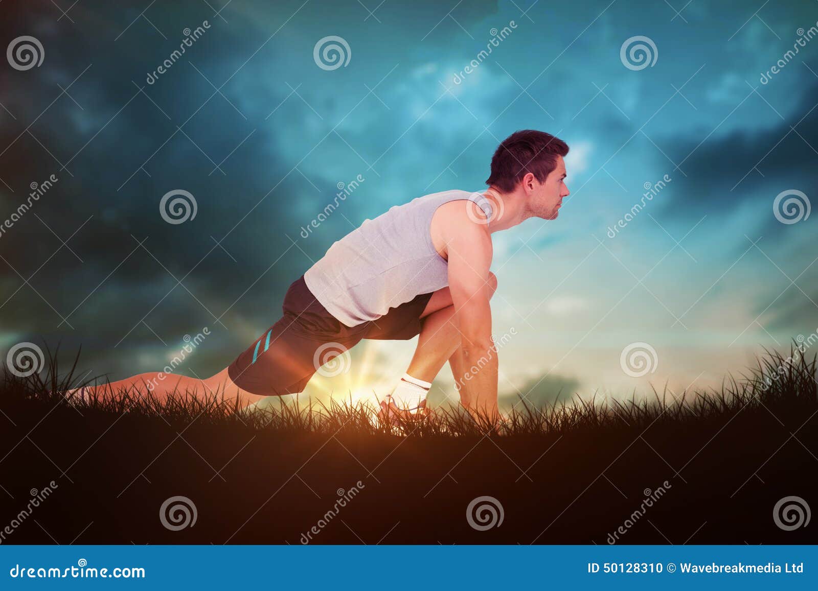 Composite Image of Side View of a Young Man in Ready To Run Posture ...