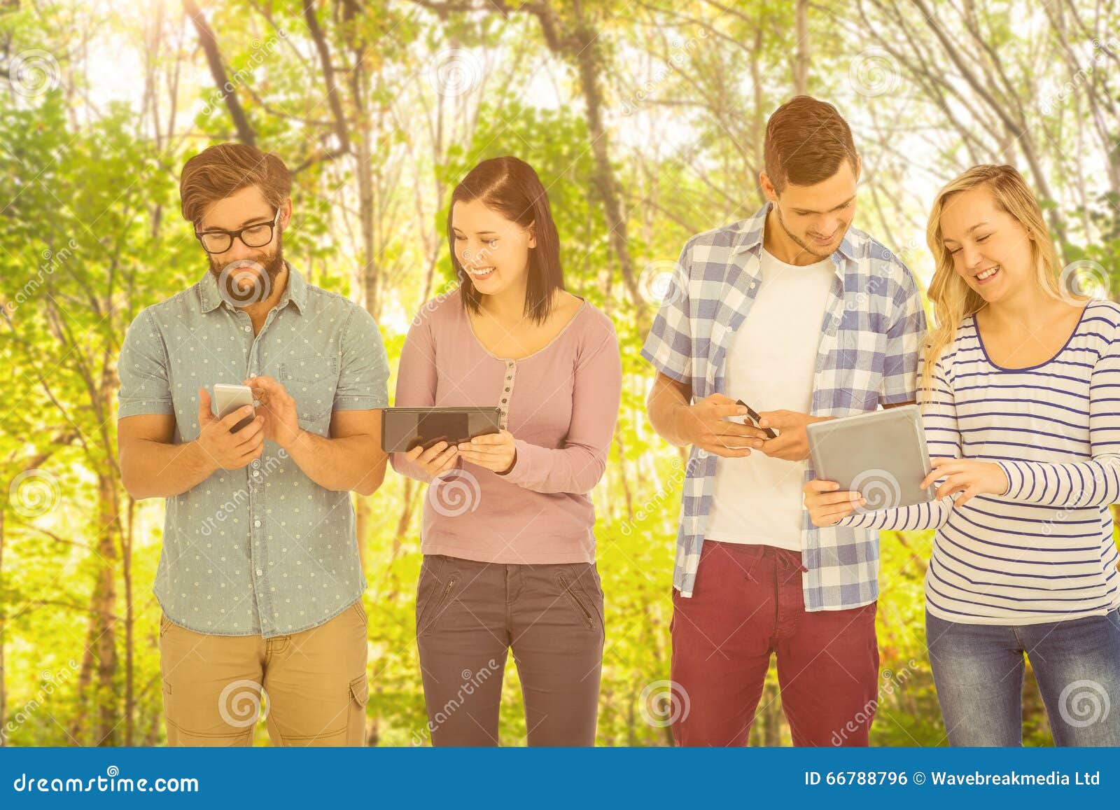 Composite Image of Smiling Business People Using Electronic Gadgets ...