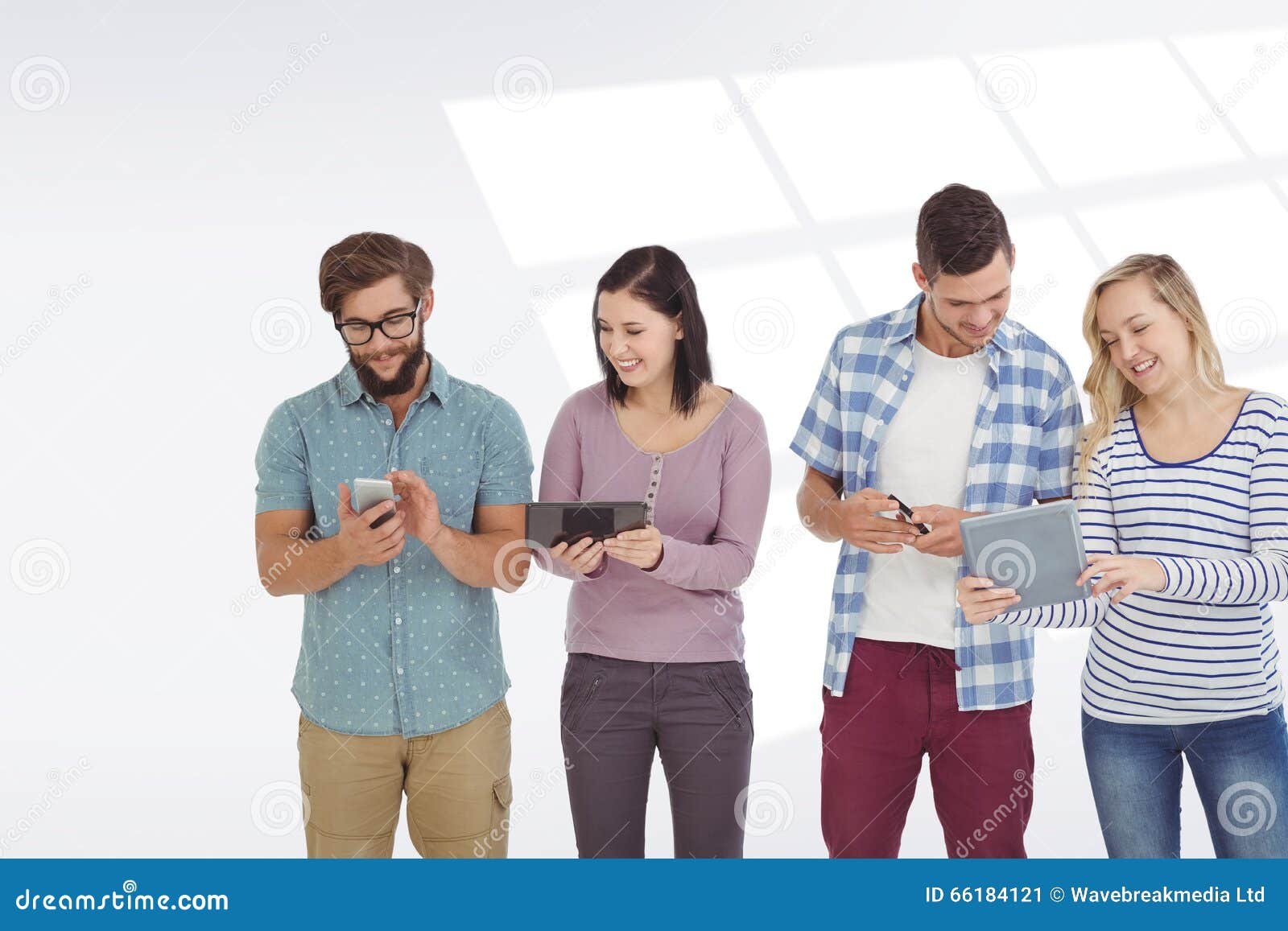 Composite Image of Smiling Business People Using Electronic Gadgets ...
