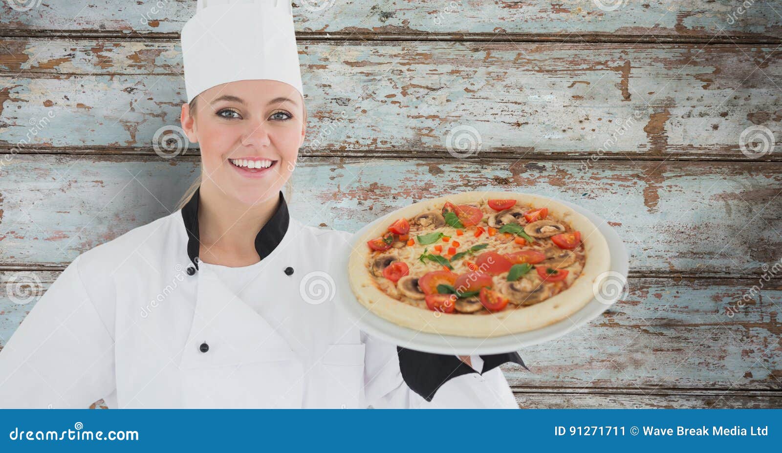 Composite Image of Smiling Female Chef with Pizza Stock Image - Image ...