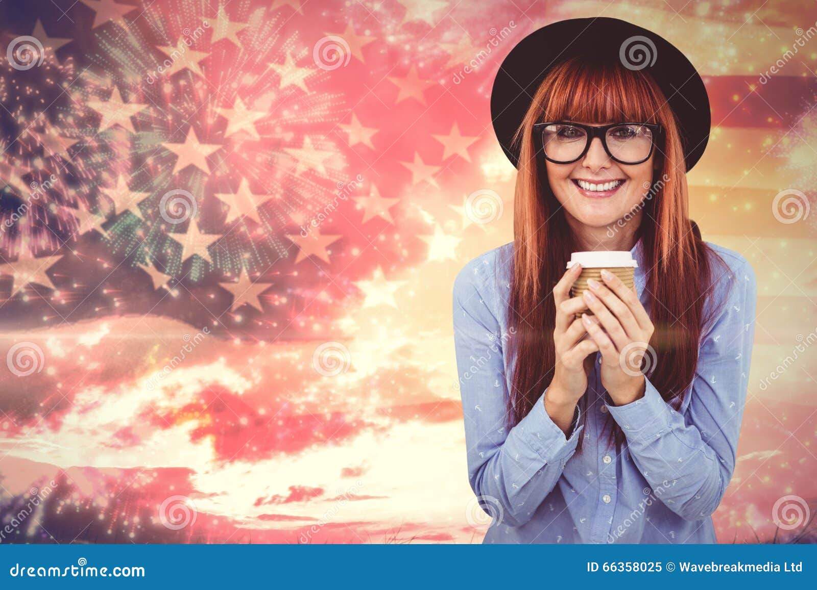 Composite Image of Smiling Hipster Woman Drinking Coffee Stock Image ...