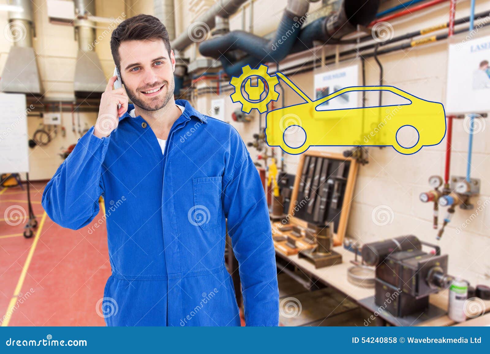 Composite Image of Smiling Male Mechanic Using Mobile Phone Stock Photo ...
