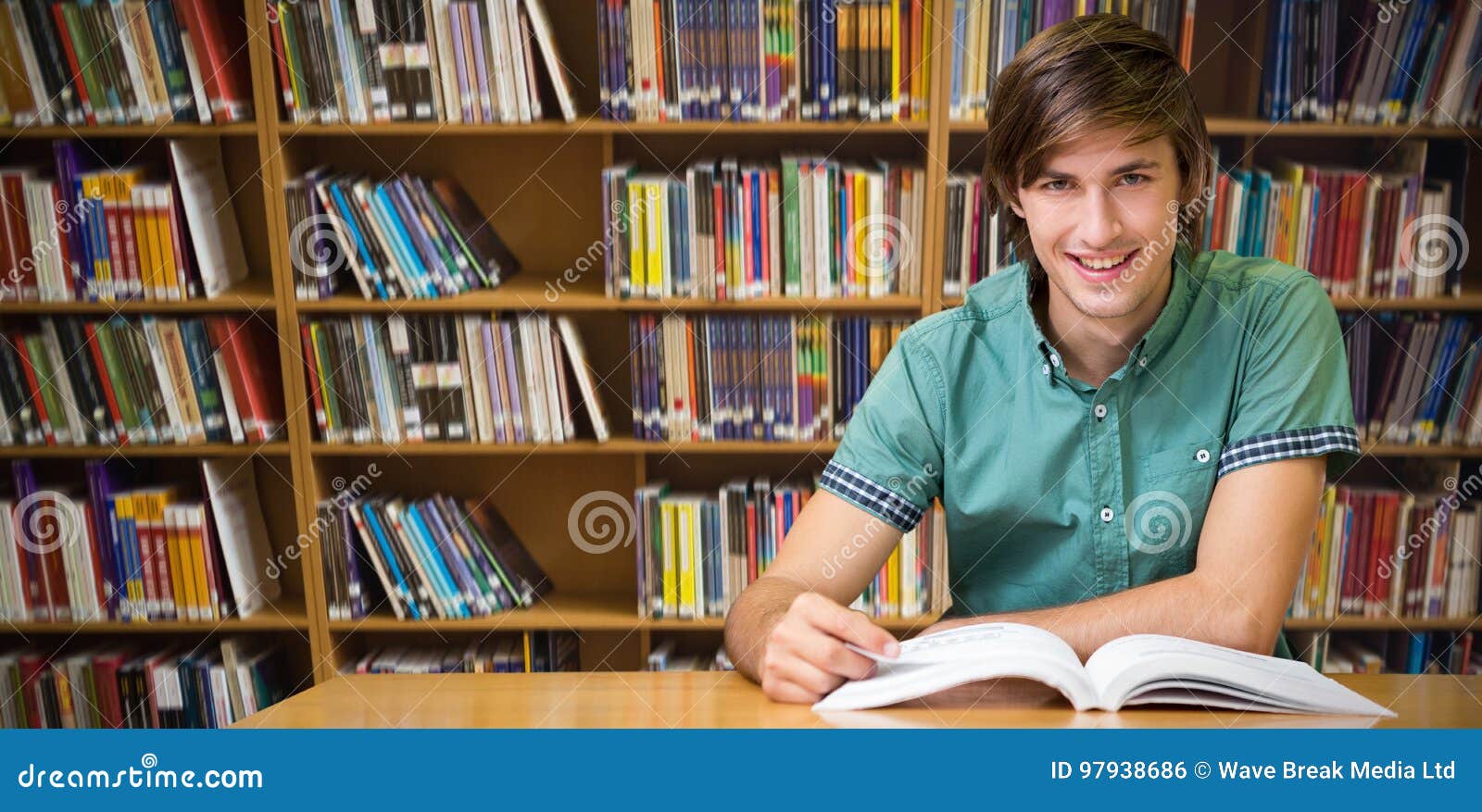 Composite Image of Student Sitting in Library Reading Stock Photo ...