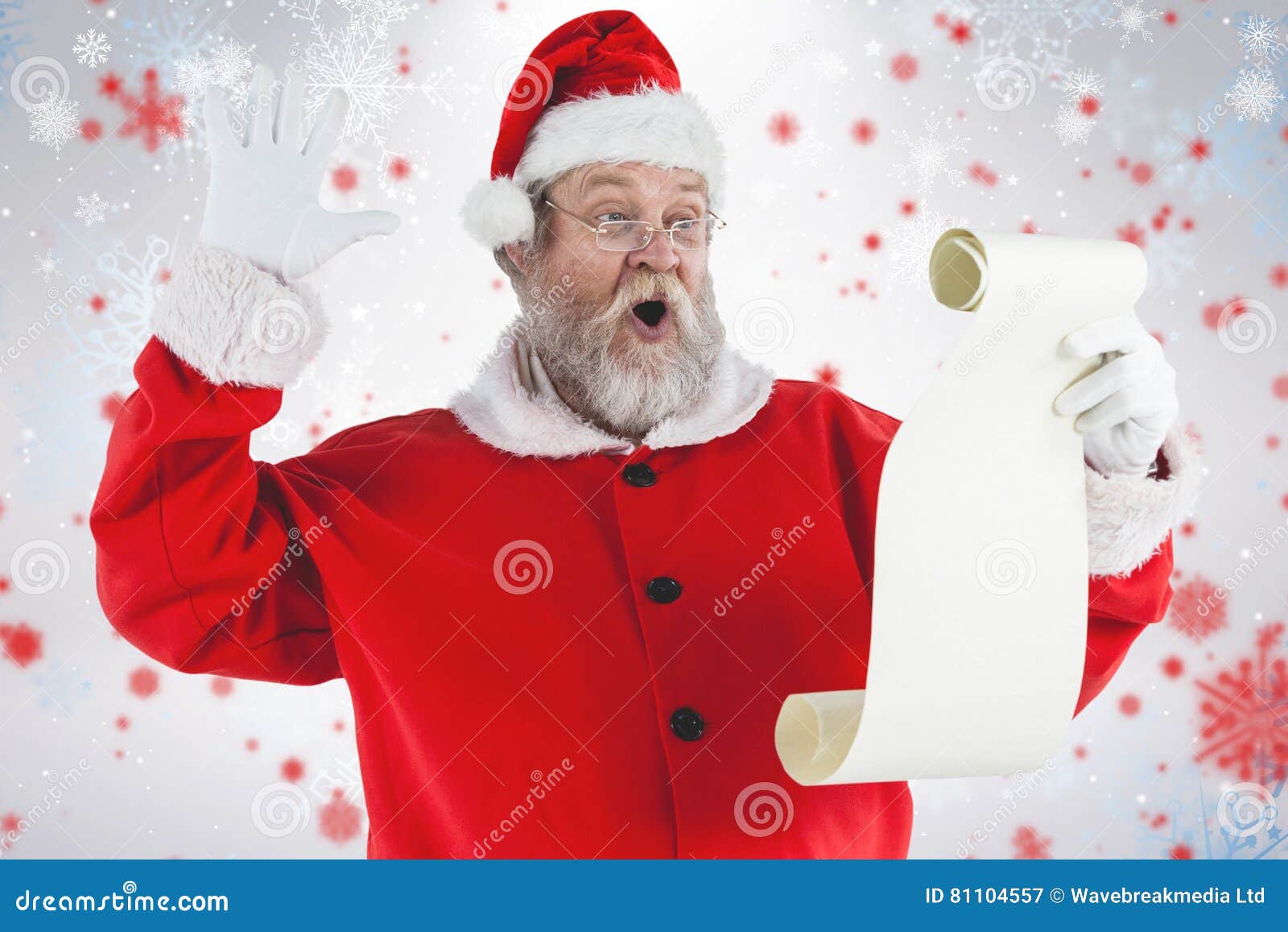 Composite Image of Surprised Santa Claus Making Face while Reading ...