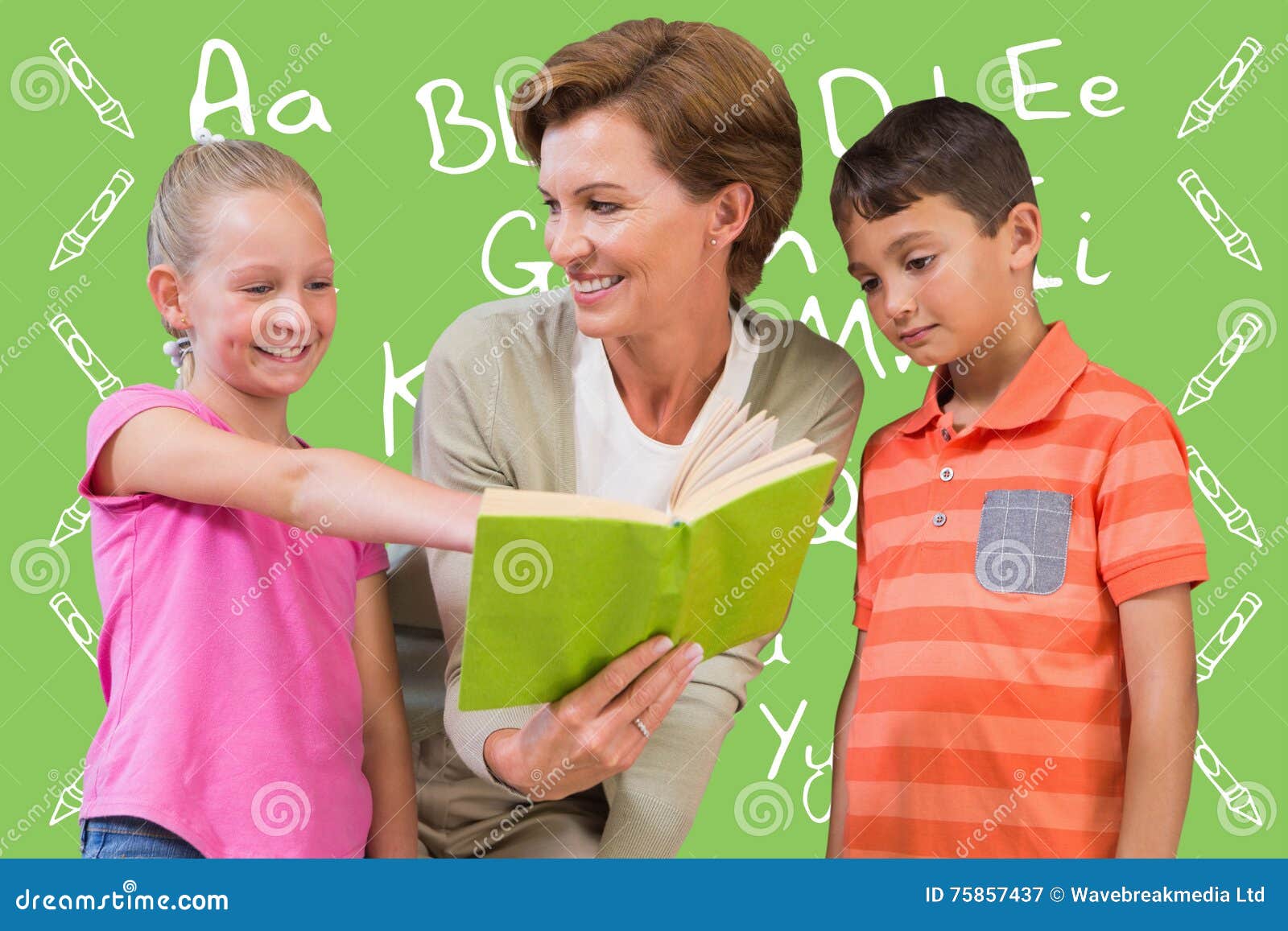 Composite Image of Teacher Reading Book with Pupils at Library Stock ...