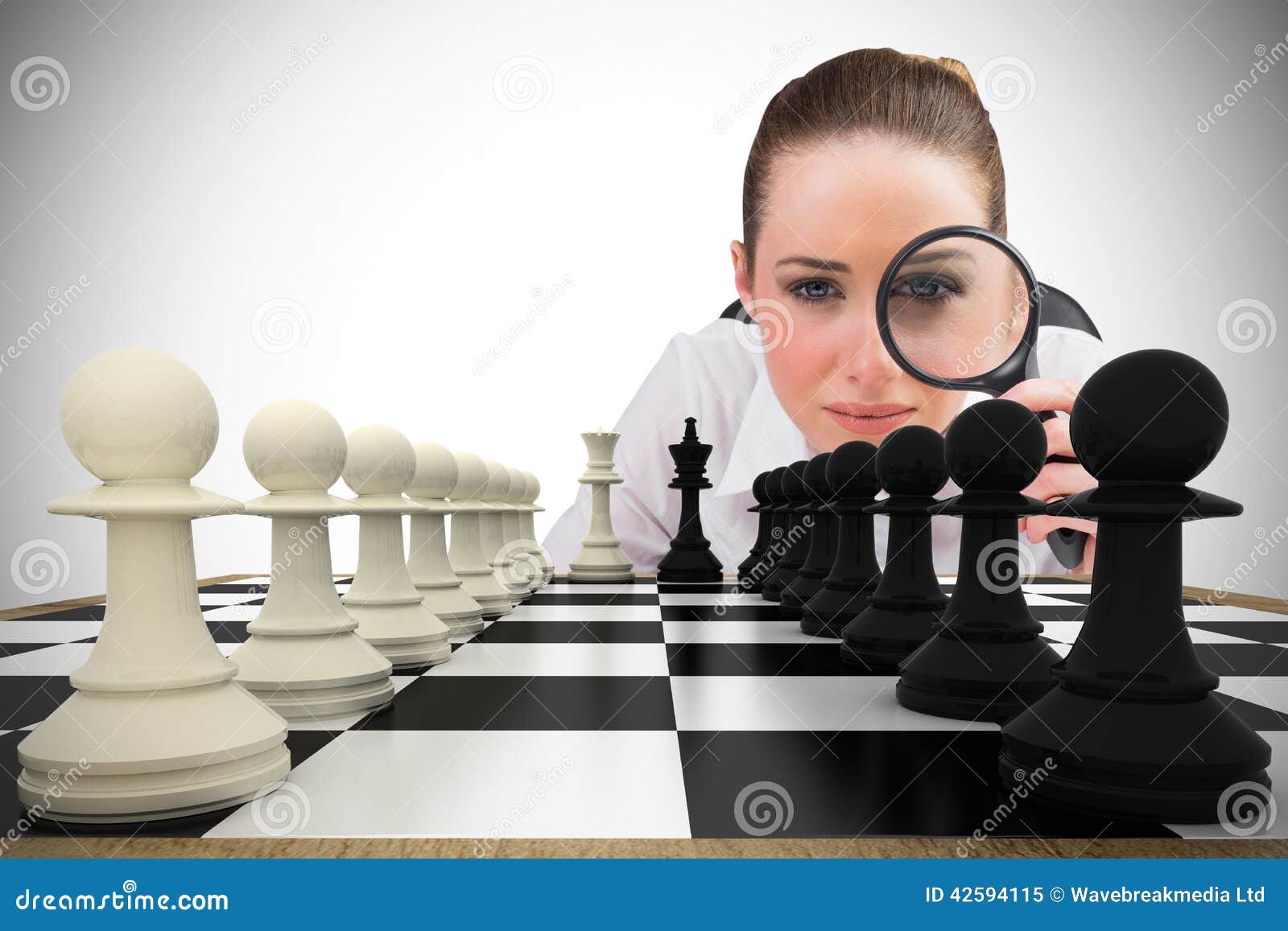 Composite Image Of Thinking Businesswoman With Magnifying Glass Stock