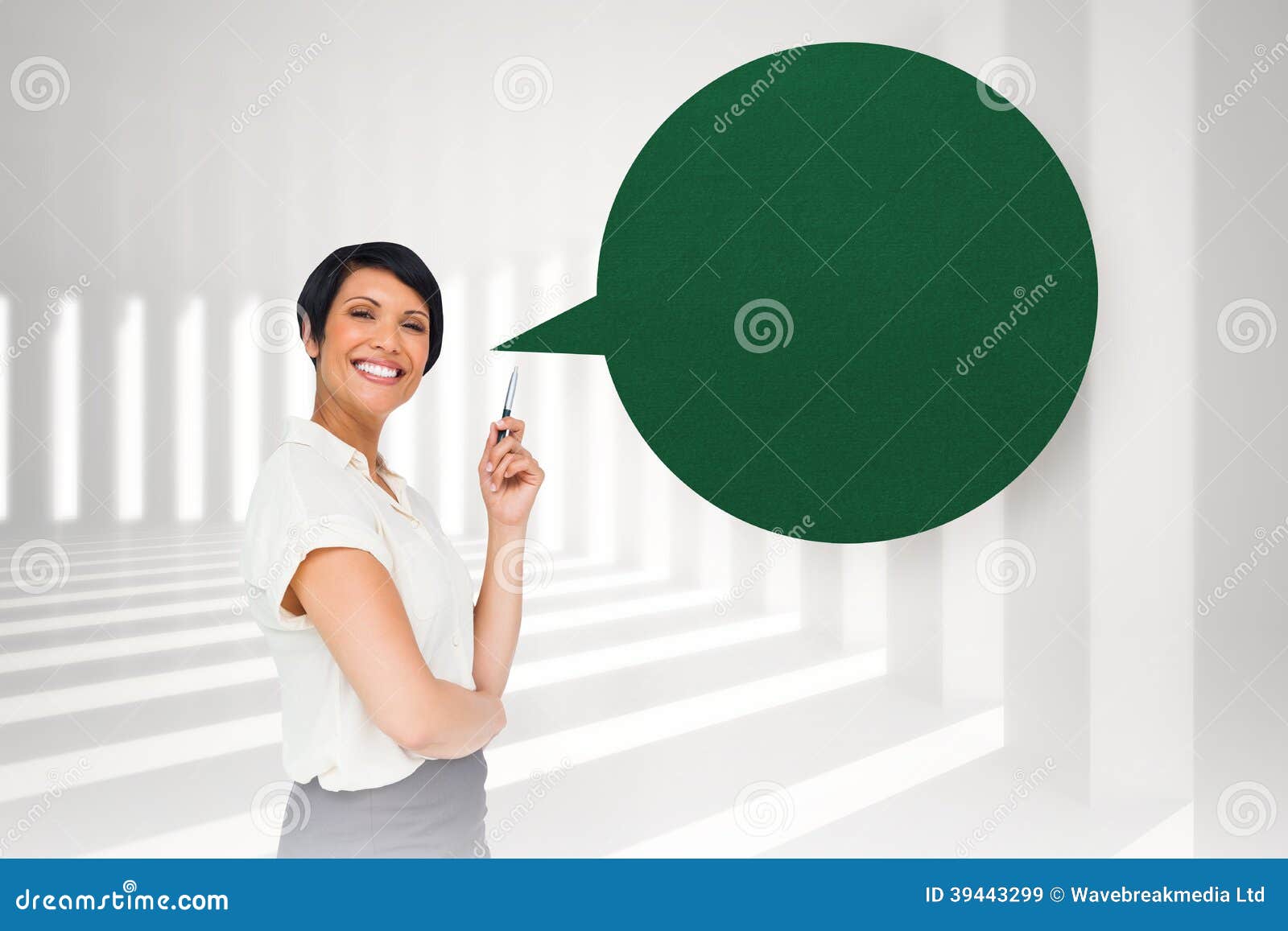 Composite Image Of Thoughtful Businesswoman With Speech Bubble Stock Image Image Of