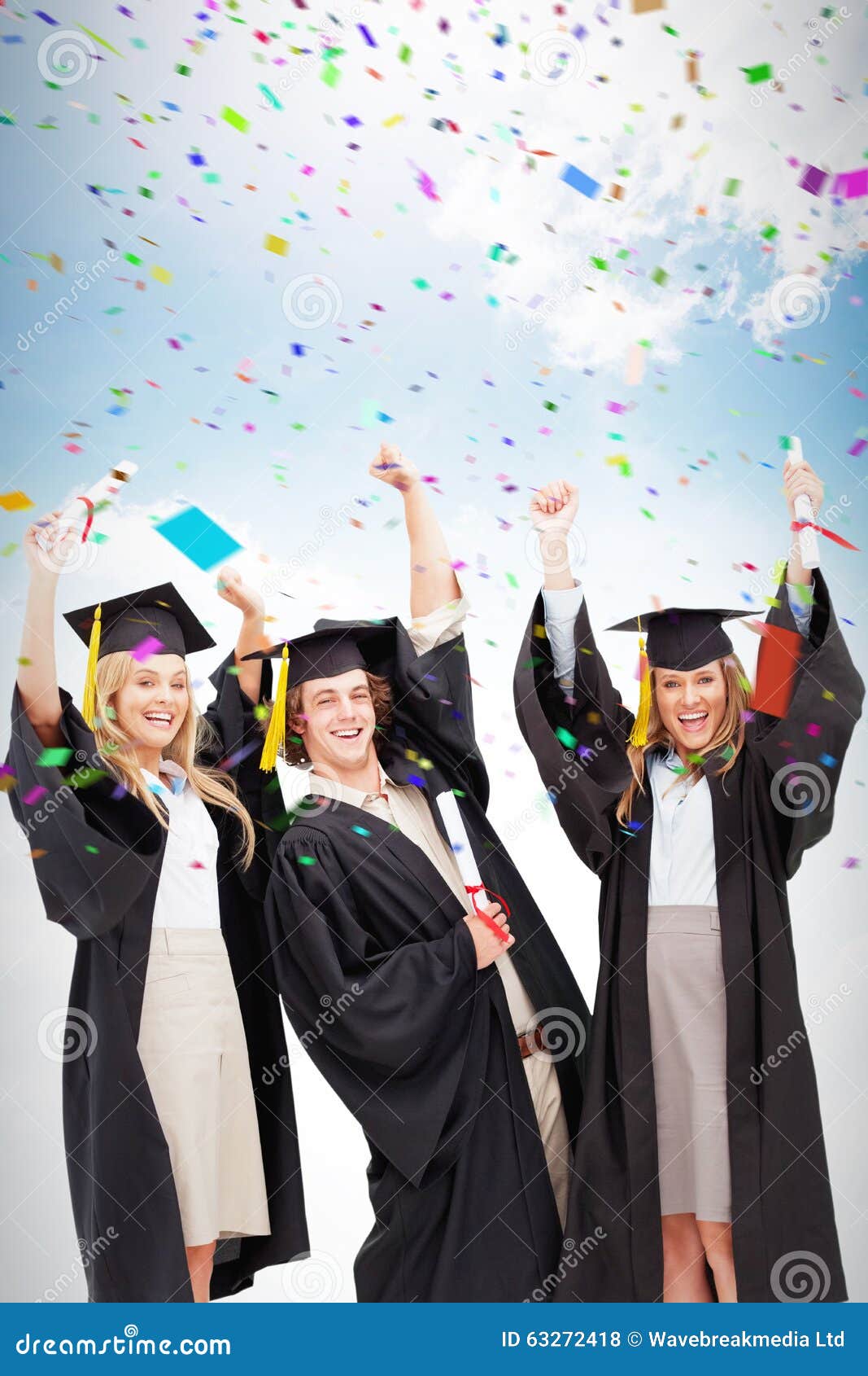 Composite Image of Three Students in Graduate Robe Raising Their Arms ...