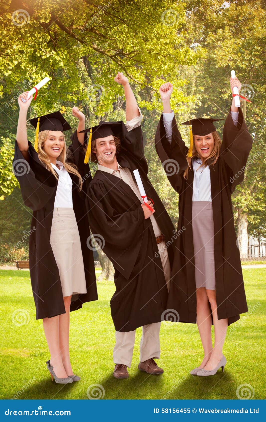 Composite Image of Three Students in Graduate Robe Raising Their Arms ...