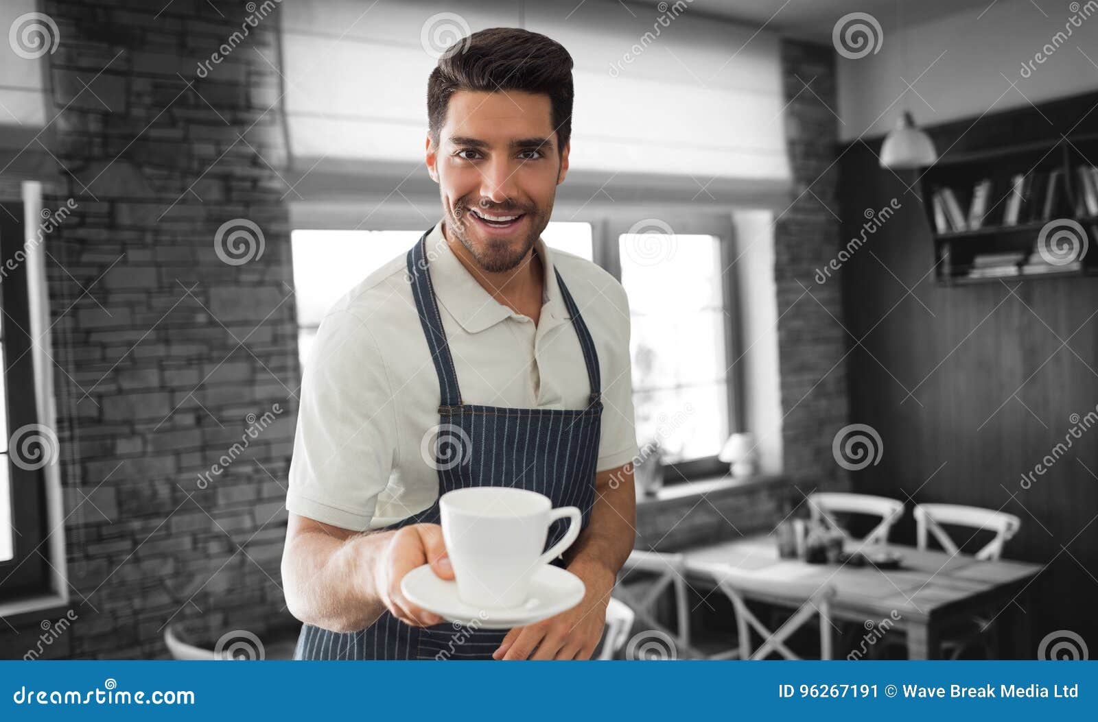 Composite Image of Waiter Pointing a Cup of Coffee Stock Image - Image ...