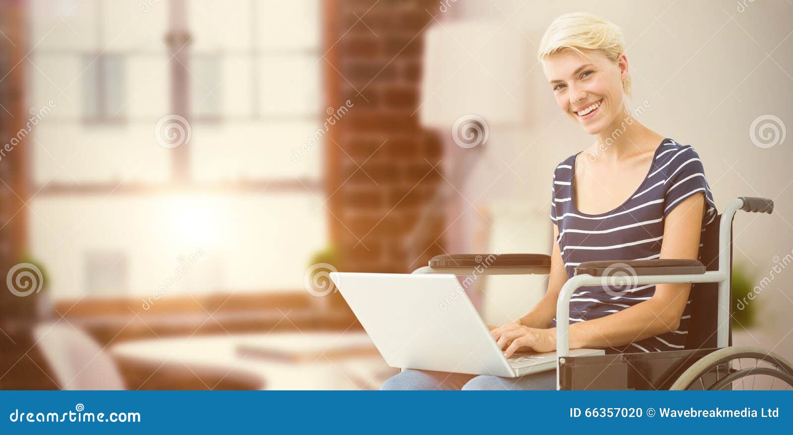 Composite Image of Woman in Wheelchair Using Computer Stock Photo ...