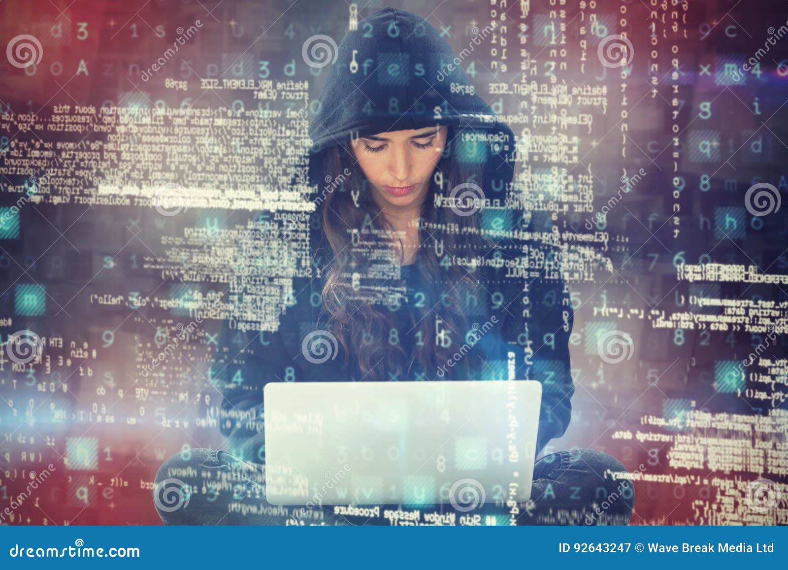 Female Hacker Sitting In The Dark With His Laptop And Tries To Crack ...