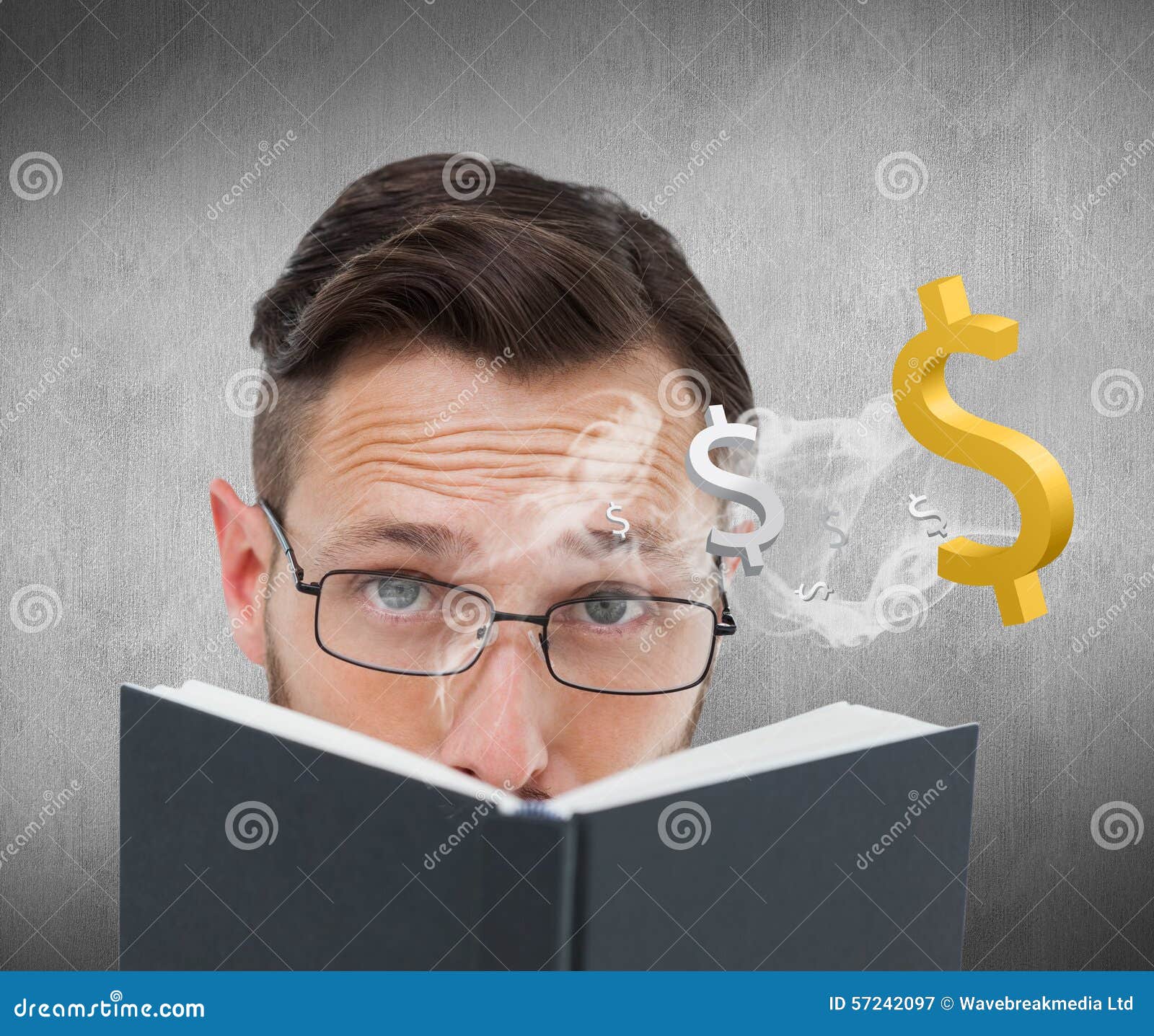 Composite Image of Young Geek Looking Over Black Book Stock Image ...
