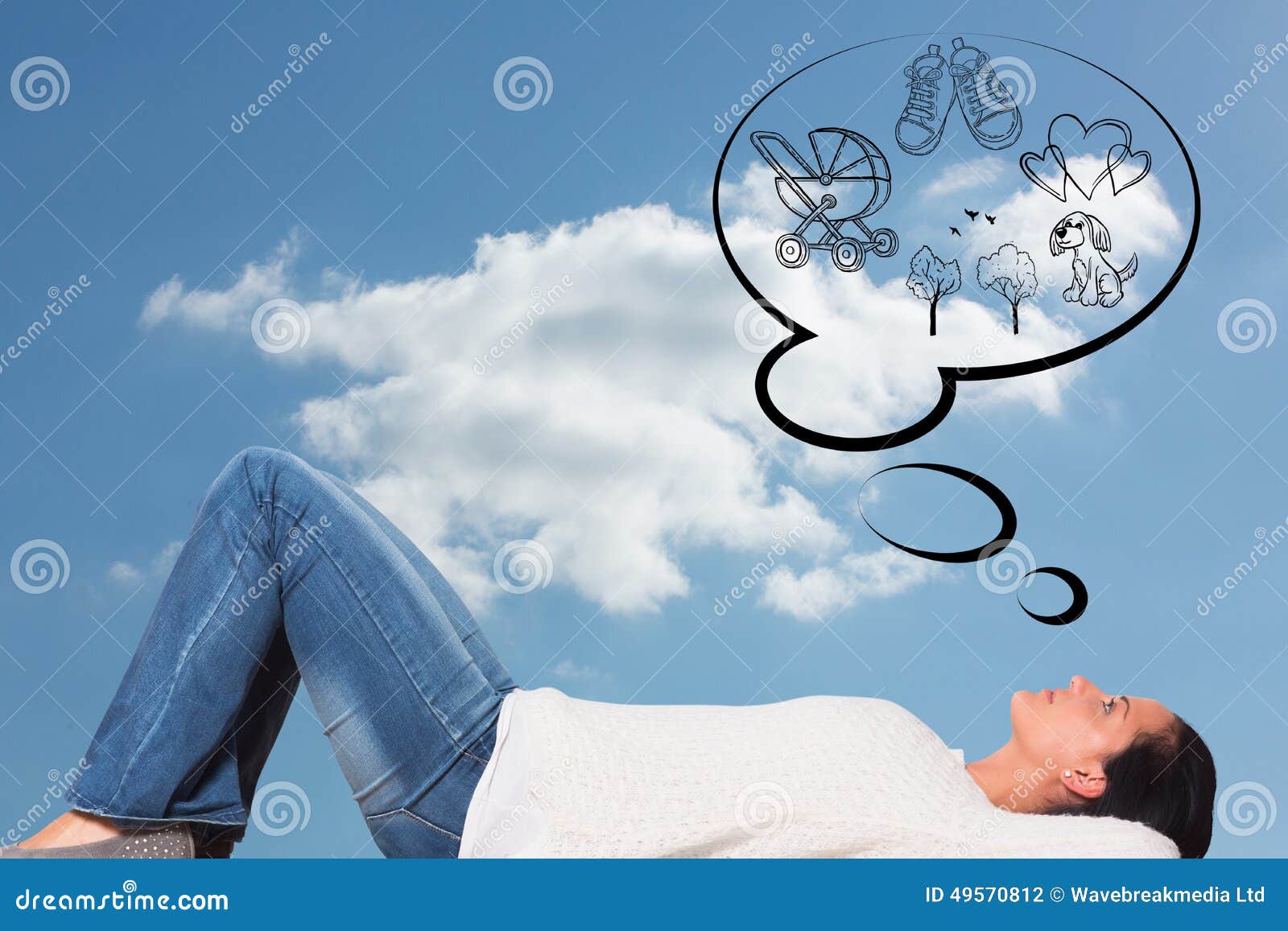 Composite Image of Young Woman Lying on Floor Thinking Stock Photo ...