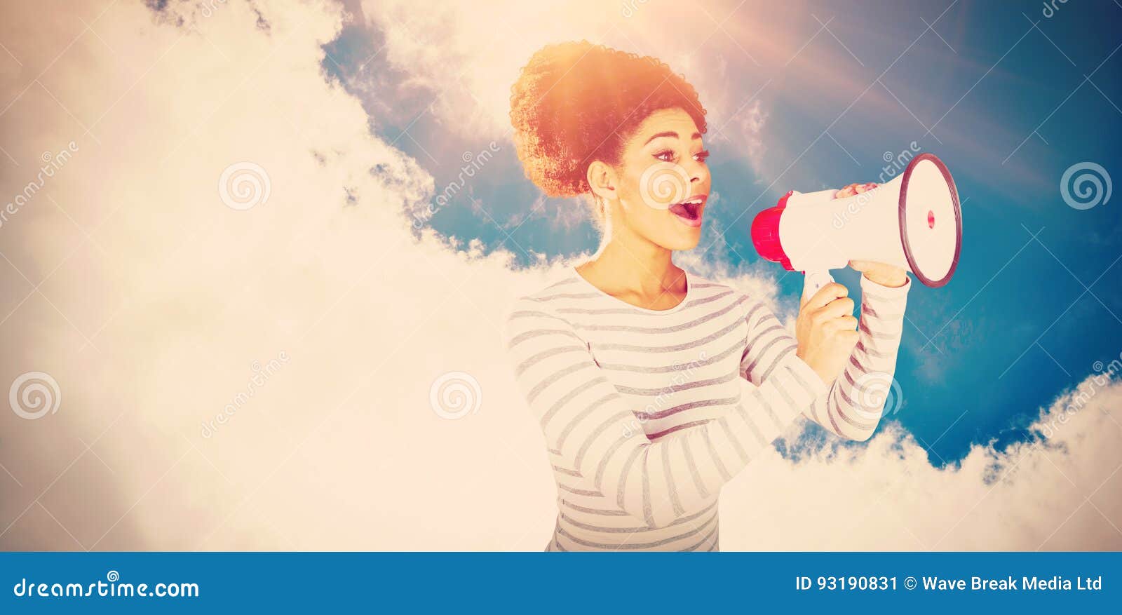 Composite Image of Young Woman Using Megaphone for Making Announcement ...
